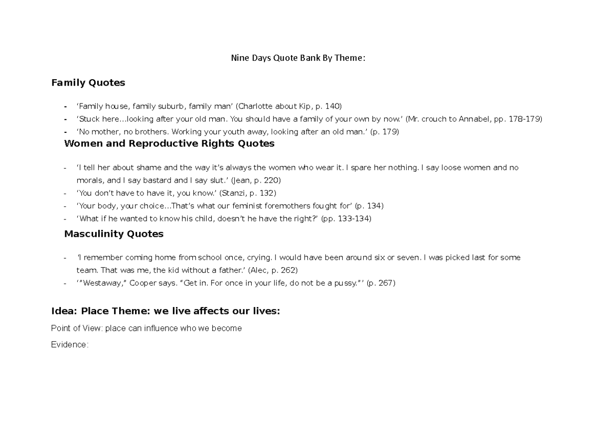 Nine Days Thematic Quote Bank: Family, Rights, Masculinity & More - Studocu