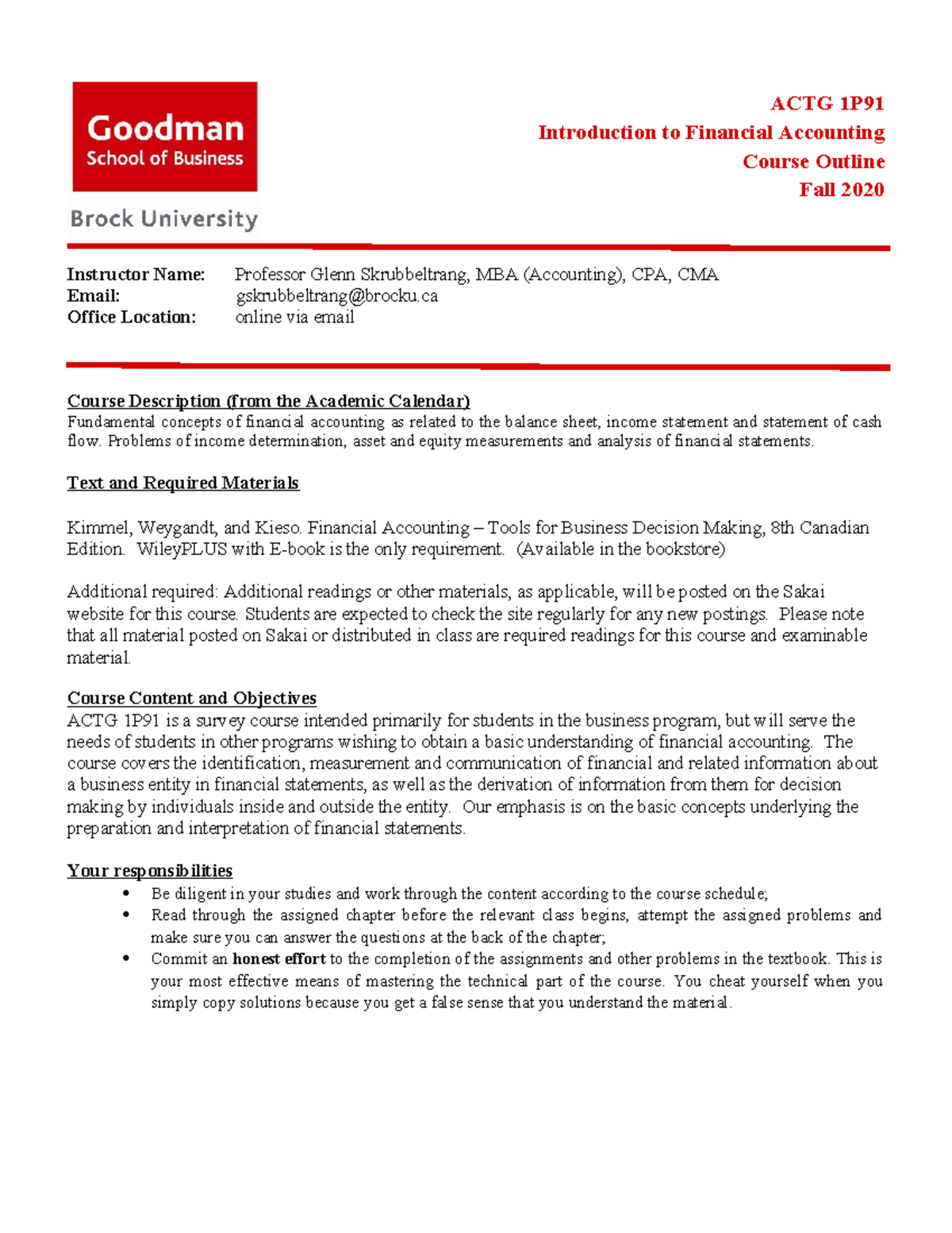 Course Outline ACTG 1P91 F2020 - ACTG 1P Introduction to Financial ...