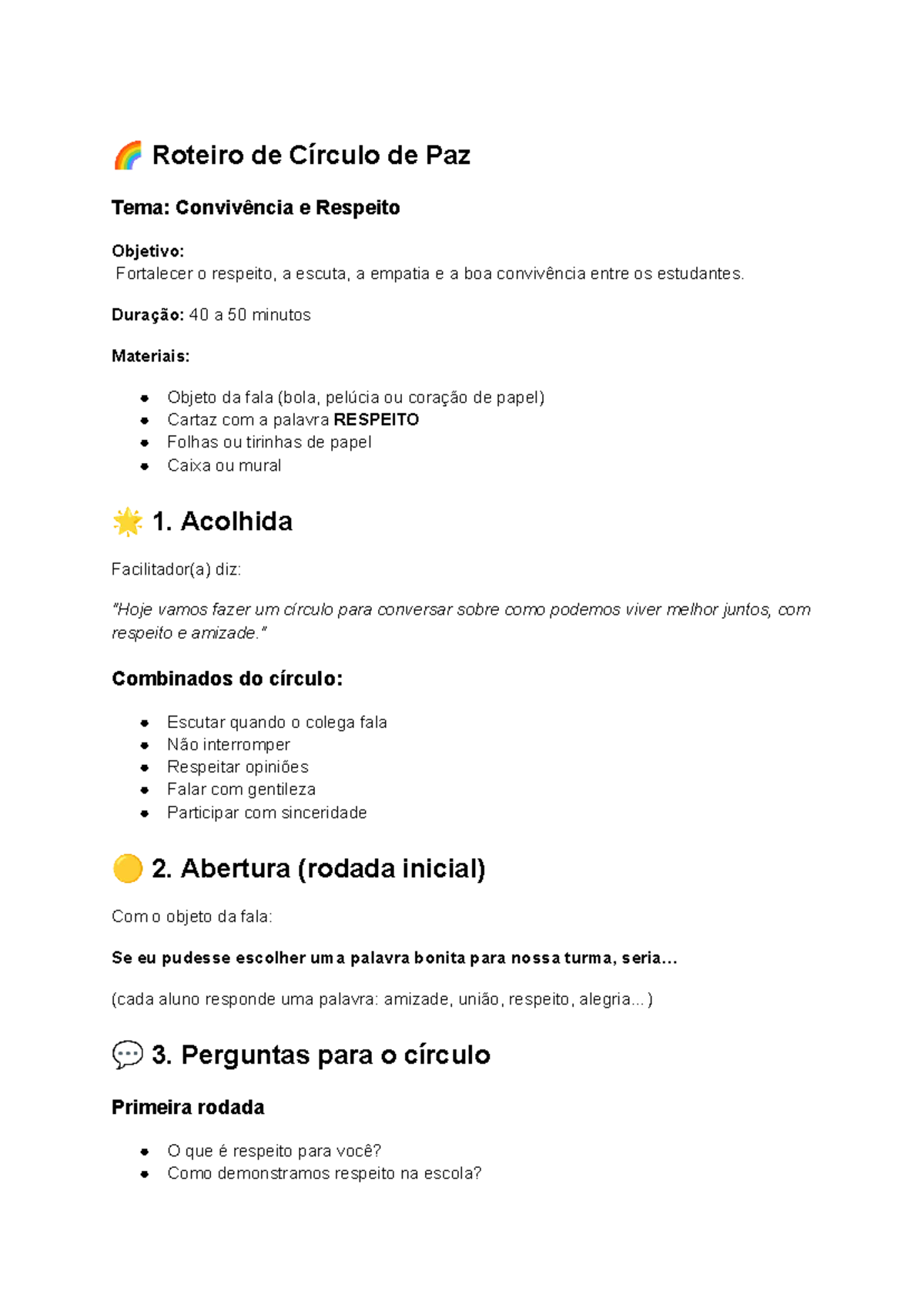 Roteiro de Círculo de Paz: Convivência e Respeito (4º e 5º ano) - Studocu