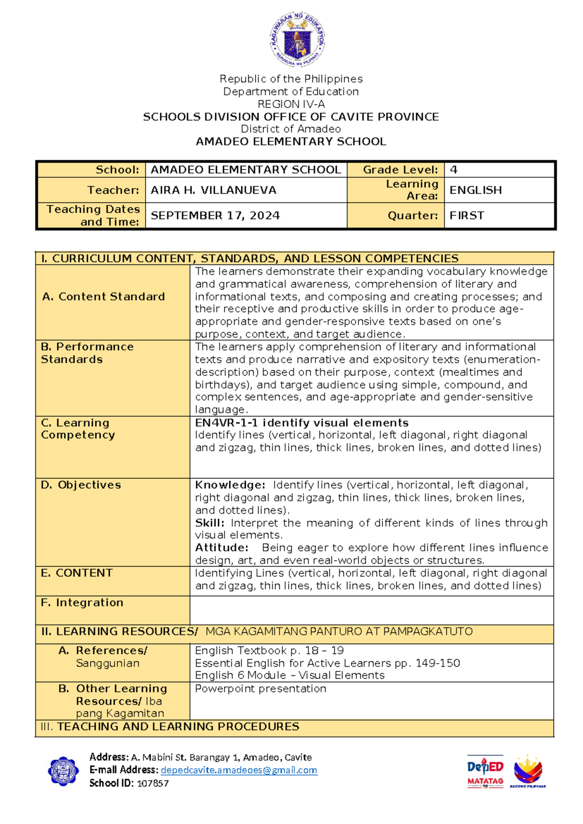 Final COT - Visual Elements in Grade 4 English Curriculum - Studocu