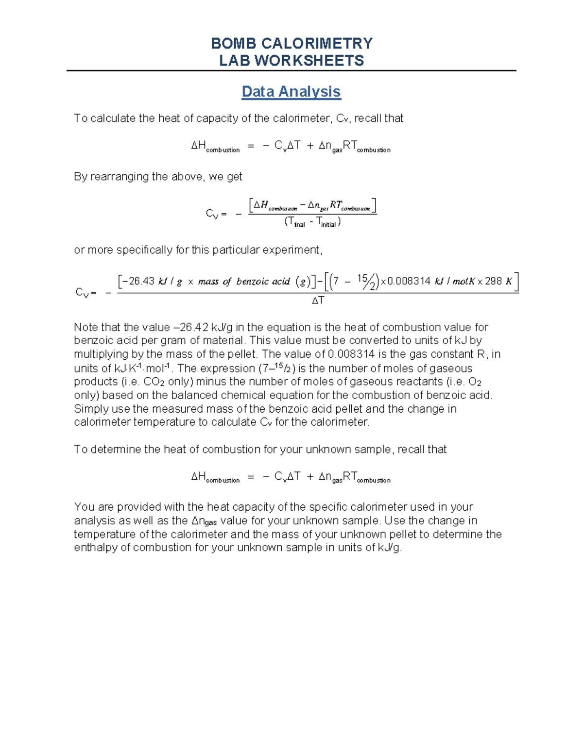 Bomb Calorimetry Lab Worksheets for Heat Capacity Calculation - Studocu