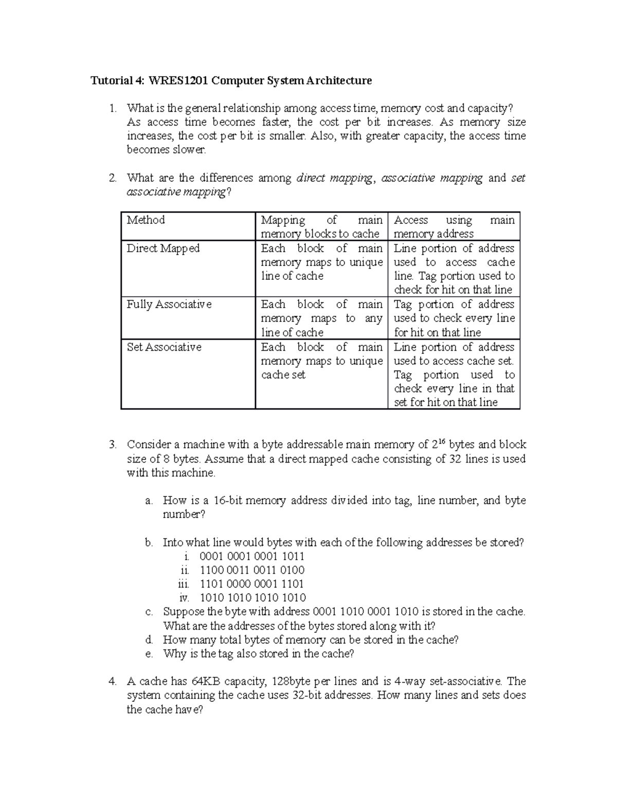 Tutorial 4: WIA1003 Computer System Architecture Notes - Studocu