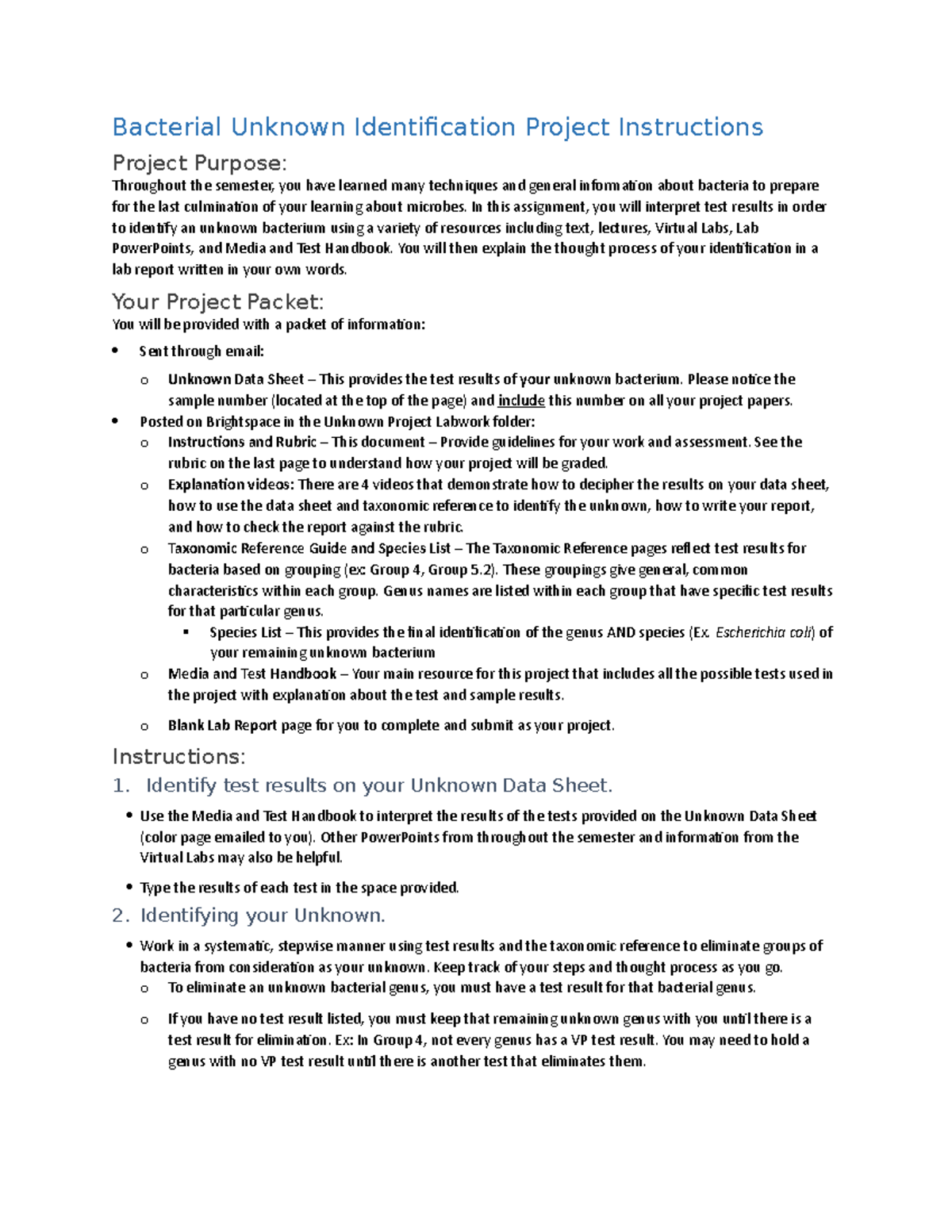 Bacterial Unknown Identification Project Guidelines and Tips - Studocu