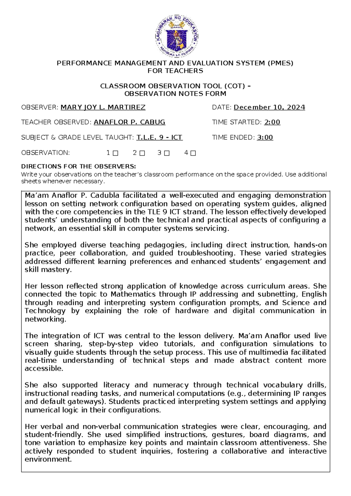 DEC 2024 COT Observation Notes for Teachers (PMES) - Studocu