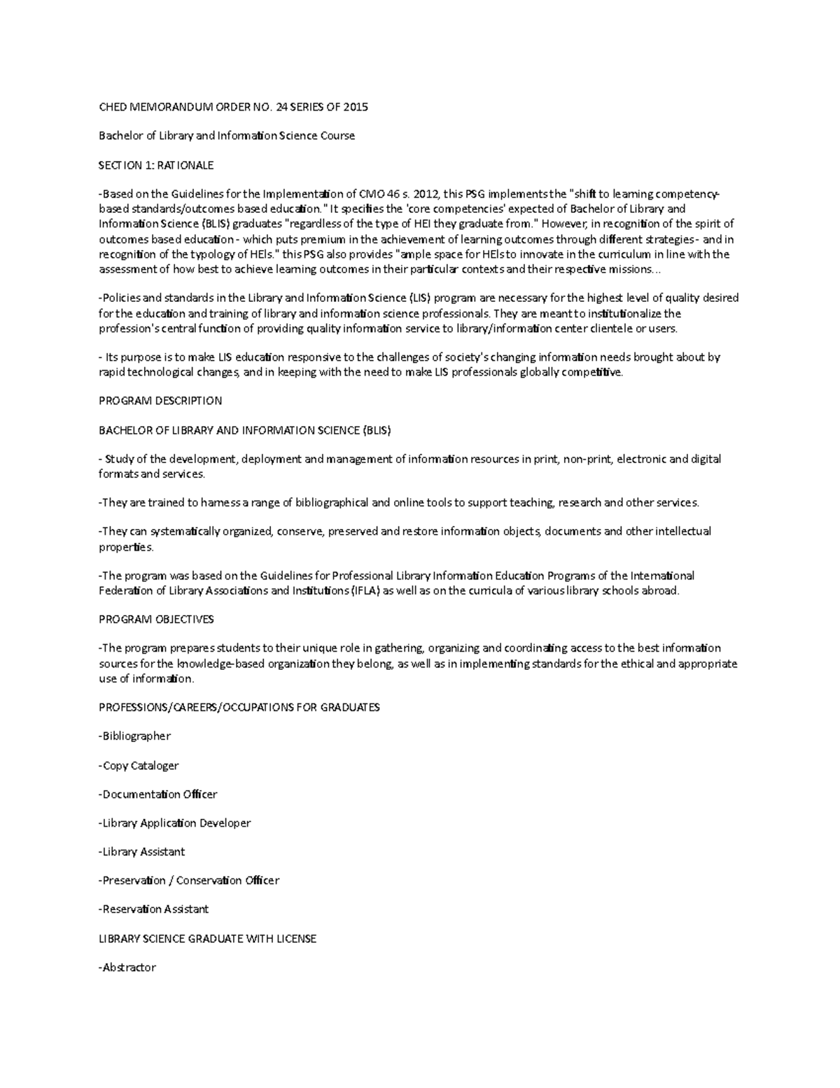 CHED Memorandum for LIS 101: Core Competencies and Program Goals - Studocu