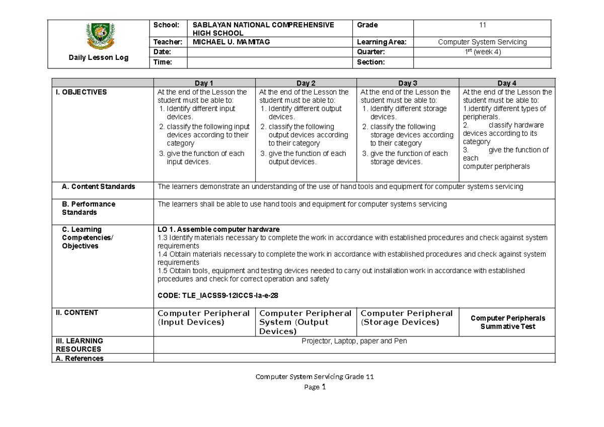 Daily Lesson Log: Computer System Servicing (CSS11) Week 4 - Studocu