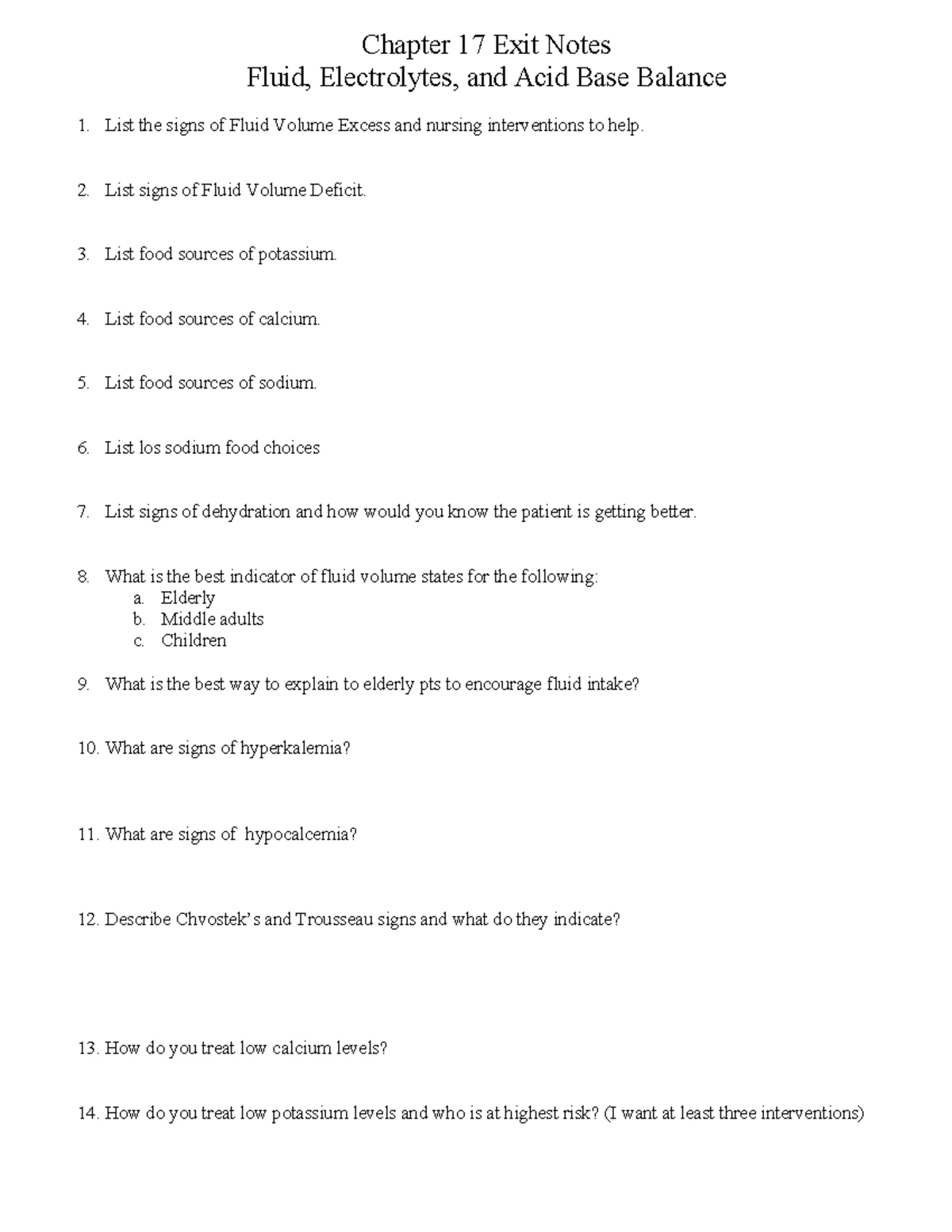 Chapter 17 Exit Notes: Fluid, Electrolytes & Acid-Base Balance - Studocu