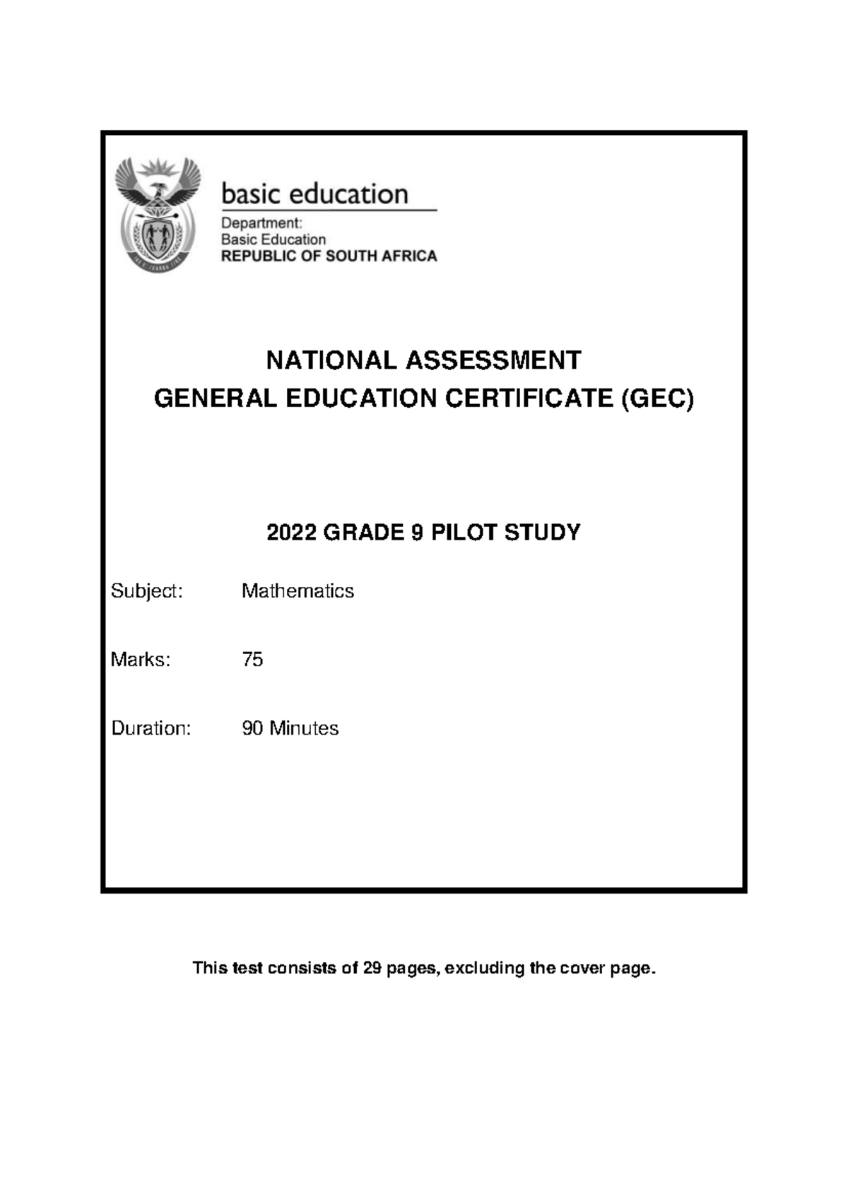 2022 GEC Maths Grade 9 English Test - NATIONAL ASSESSMENT GENERAL ...