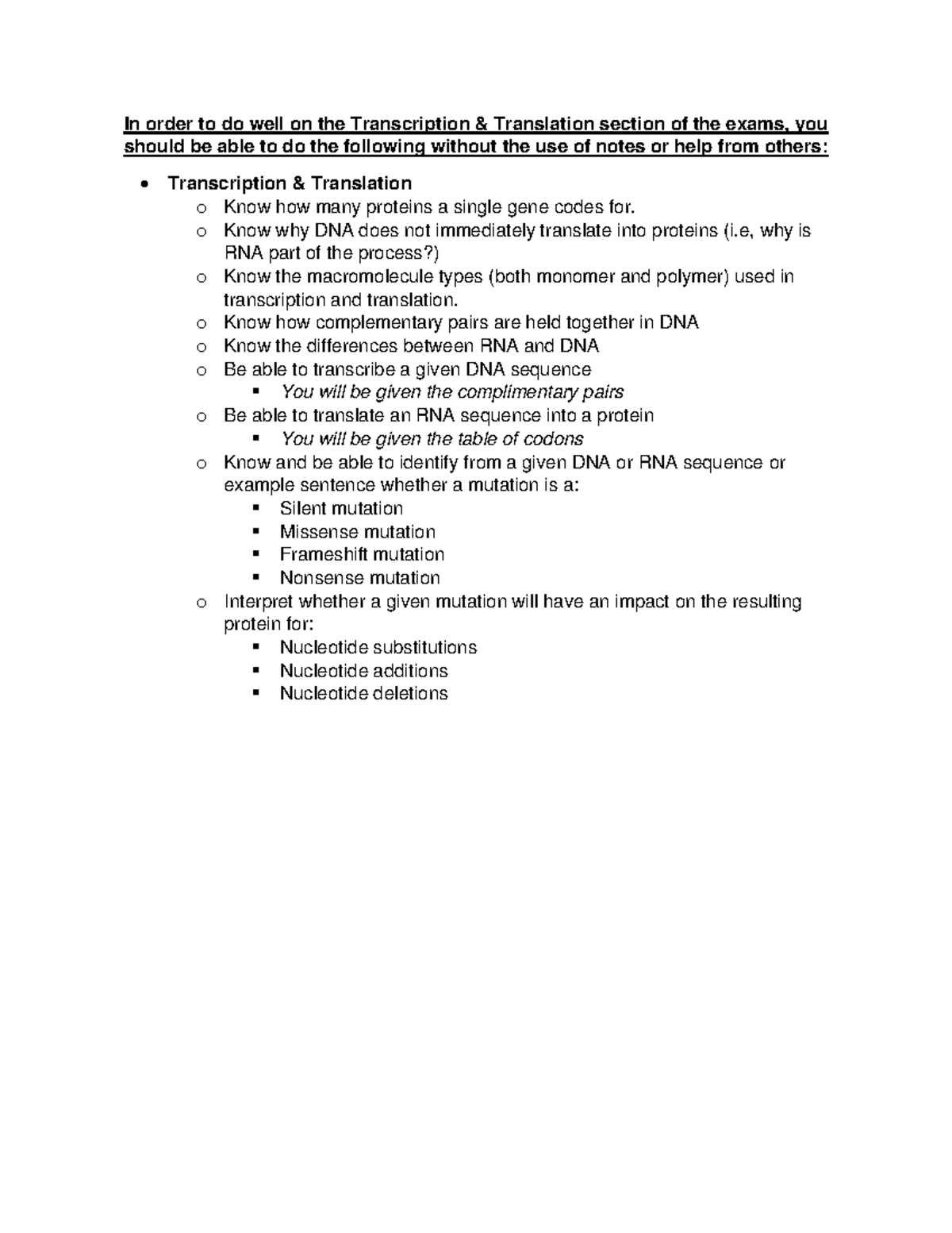 Transcription & Translation Exam Study Guide - Studocu