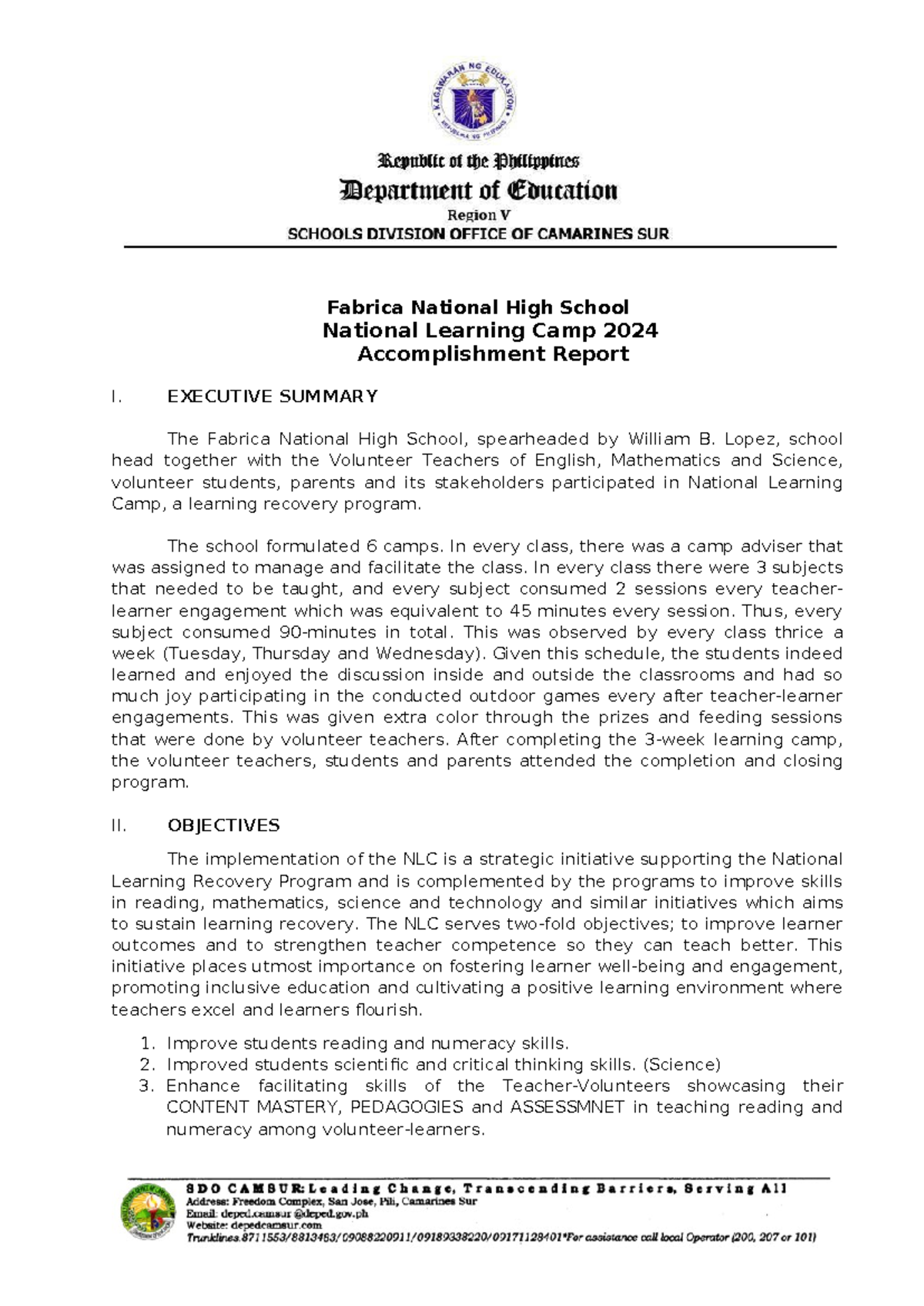 2024 National Learning Camp Accomplishment Report (NLC-ALCR) - Studocu