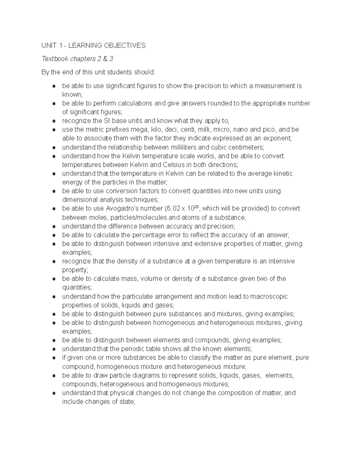 Chemistry 101: Unit 1 Learning Objectives & Vocabulary (2024) - Studocu