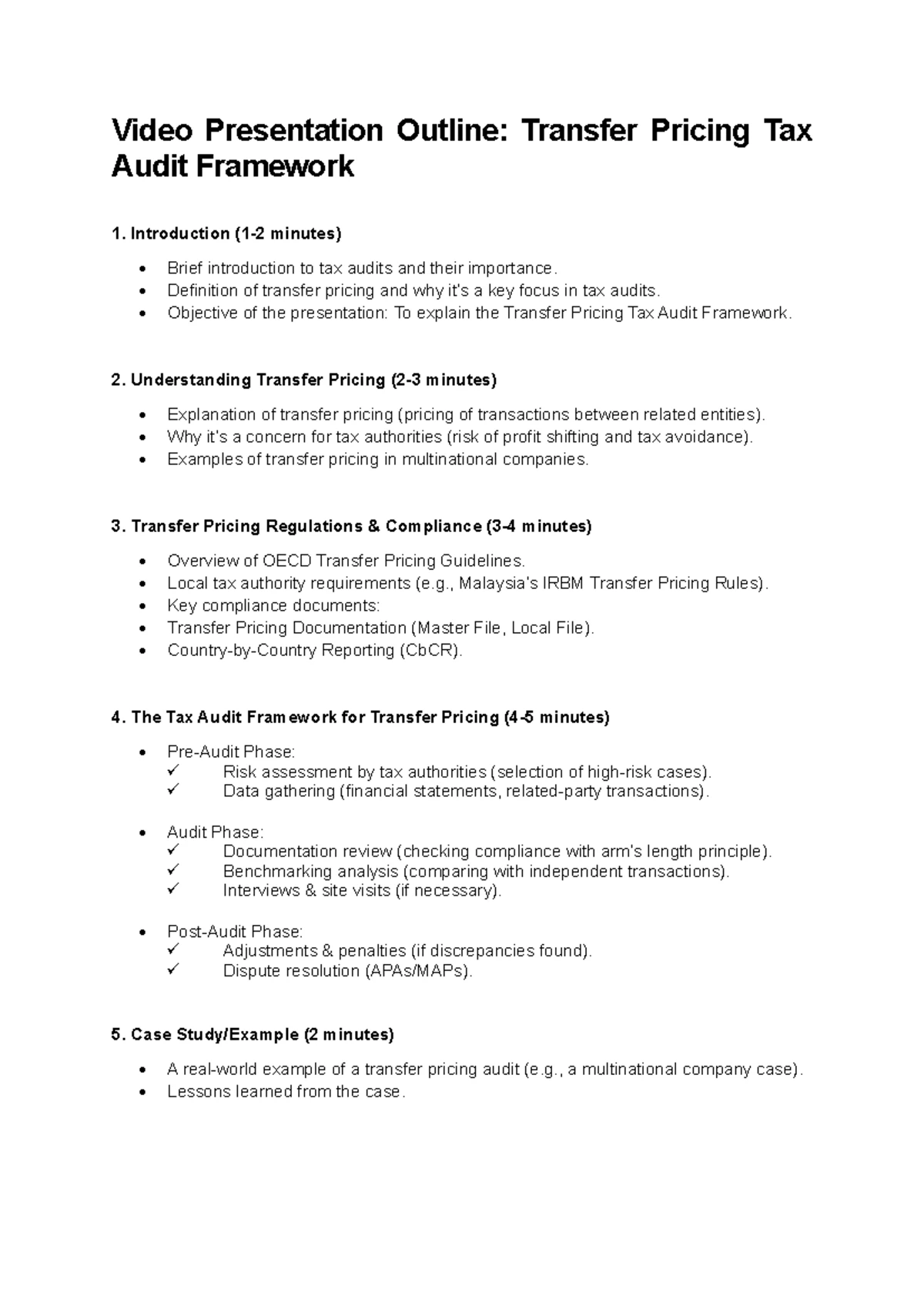 Transfer Pricing Tax Audit Framework: Video Presentation Outline - Studocu