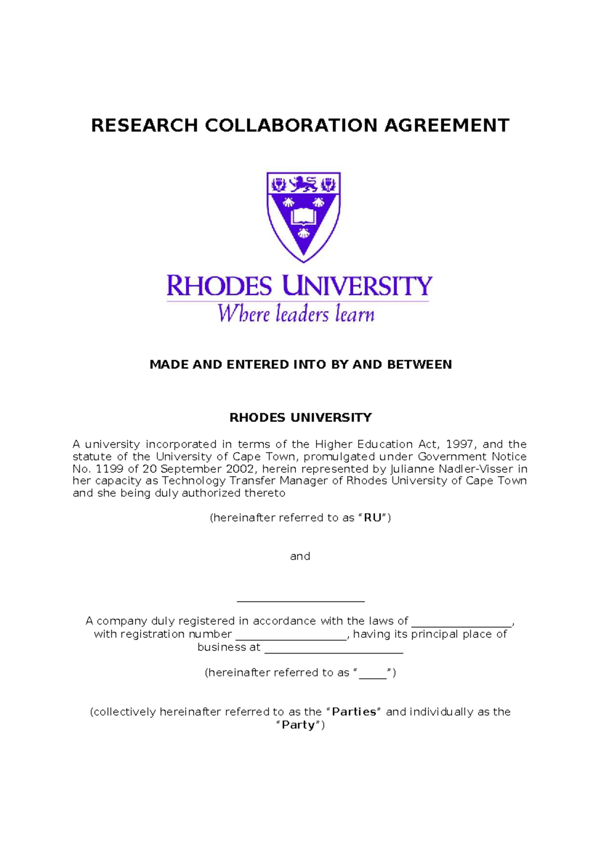 Rhodes University Research Collaboration Agreement 2018 - Studocu