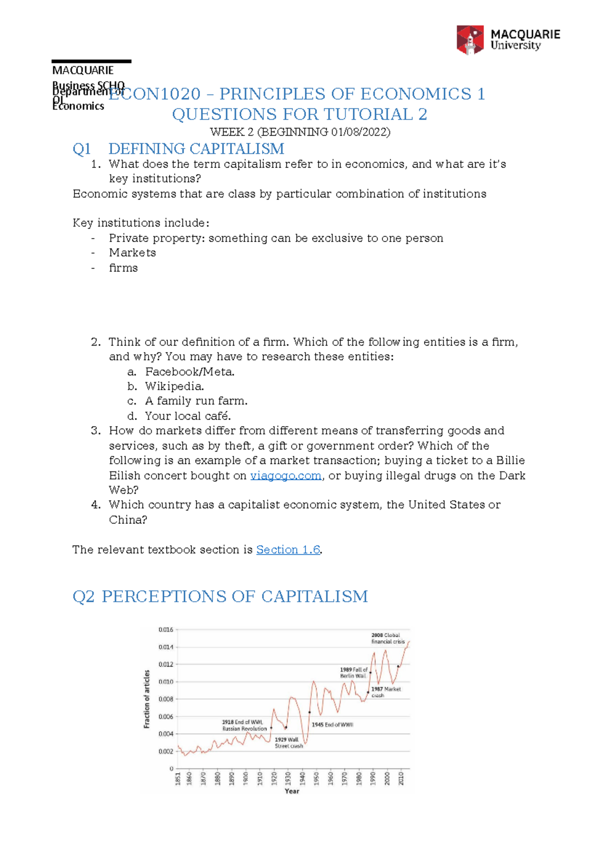 ECON1020 S2 2022 Week 2 Tutorial Questions on Capitalism & Markets ...