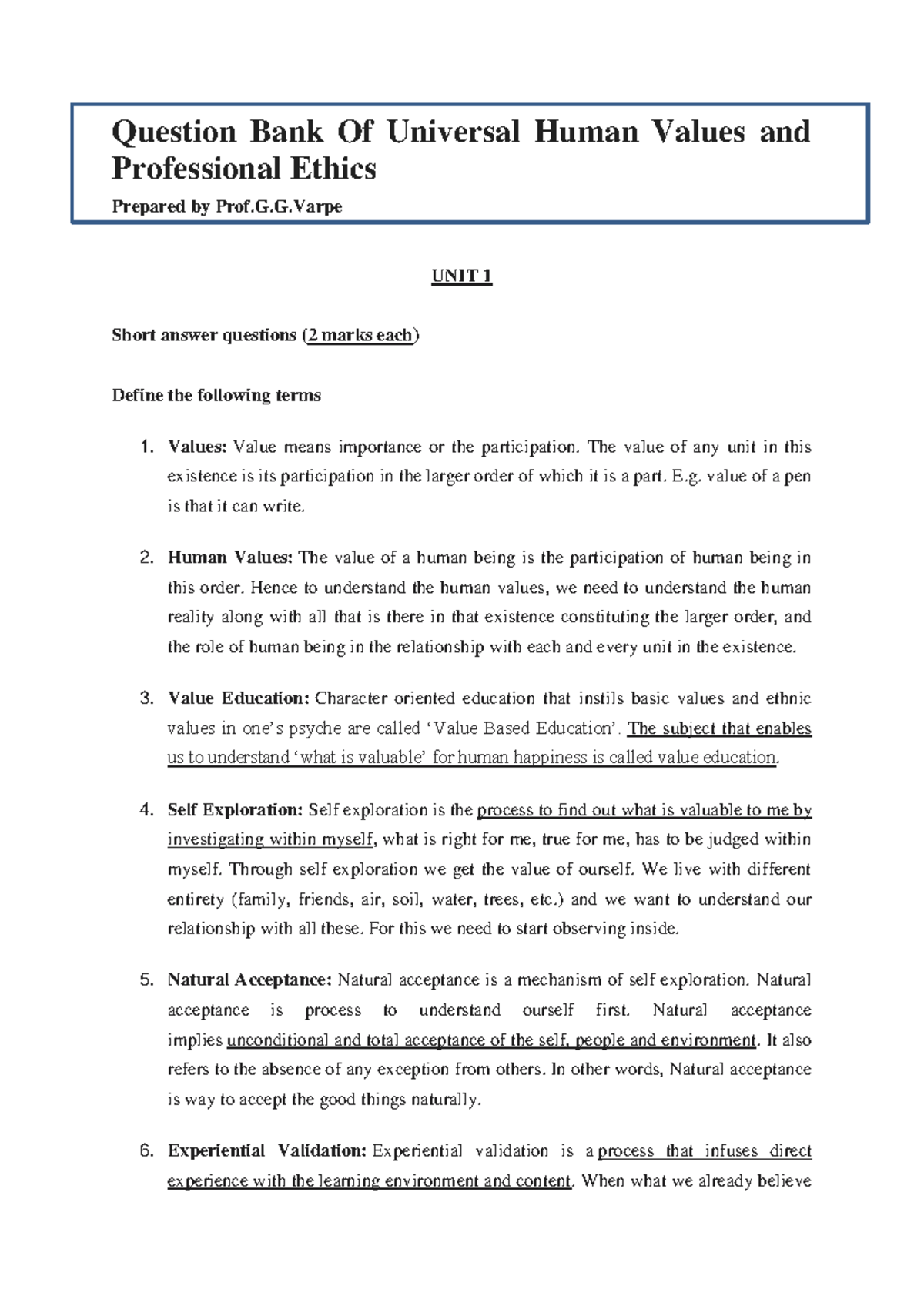 Question Bank: Universal Human Values and Professional Ethics (UHVPE ...