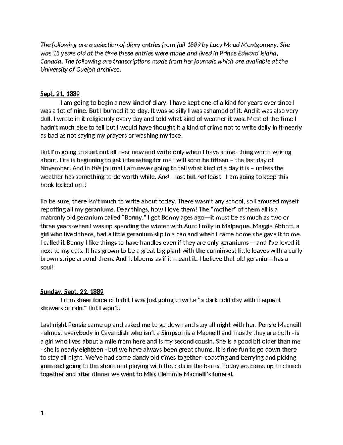 YC200 Primary Source - Diary Entries of L.M. Montgomery (1889) - Studocu