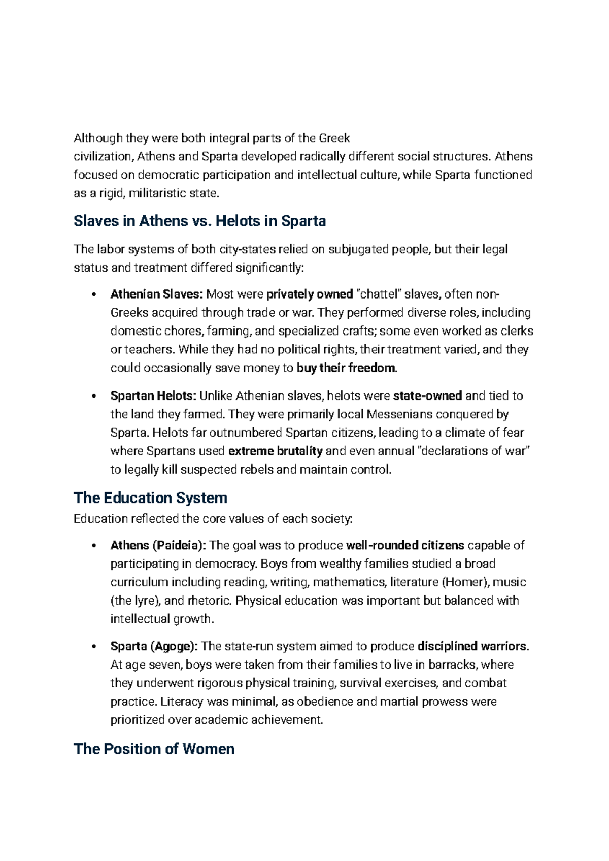 Greek D. Forum Unit 2B - Lecture Notes on Athens vs. Sparta - Studocu