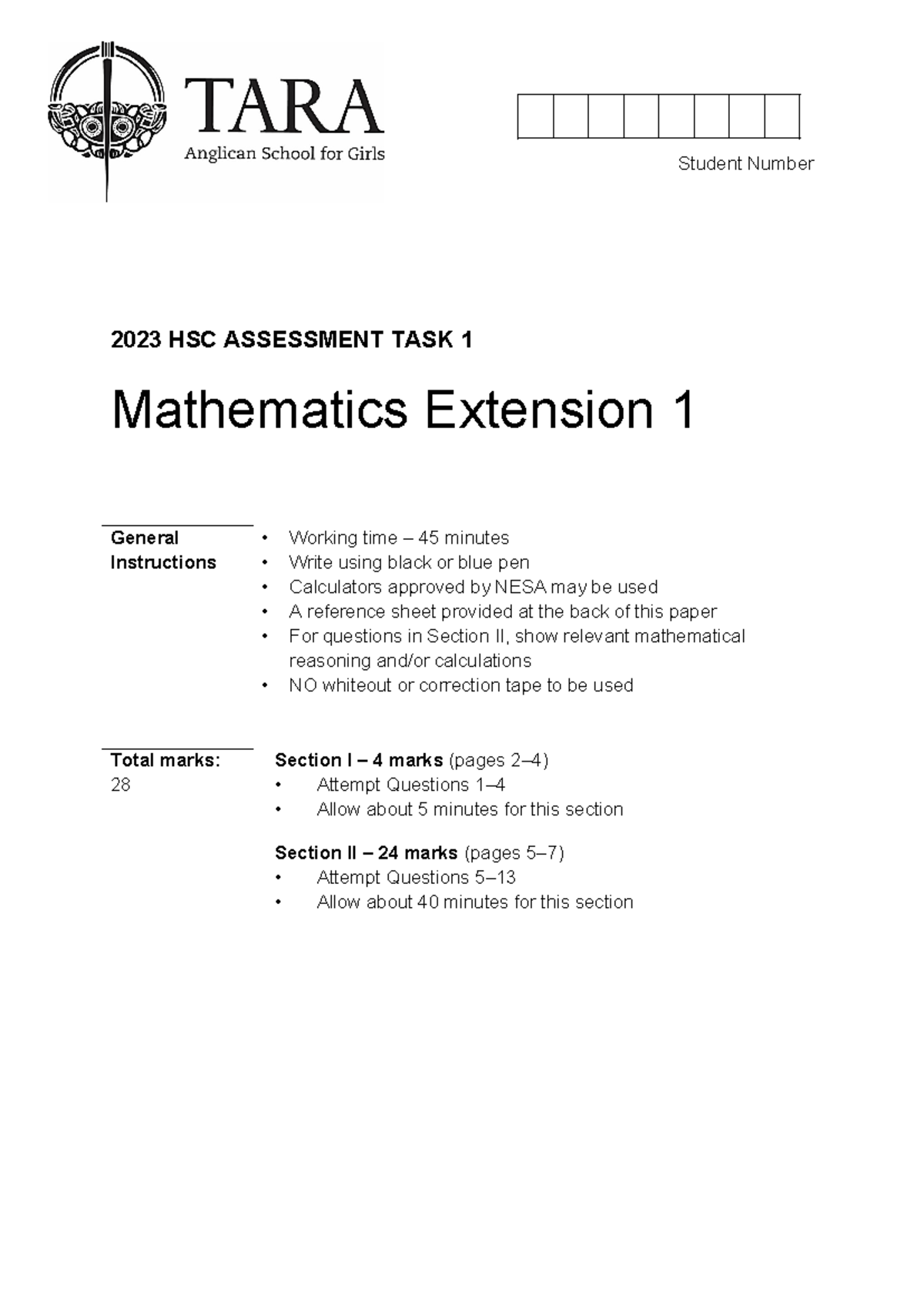 2023 HSC Maths Ext 1 Task 1 Assessment - Year 12 Exam Guide - Studocu