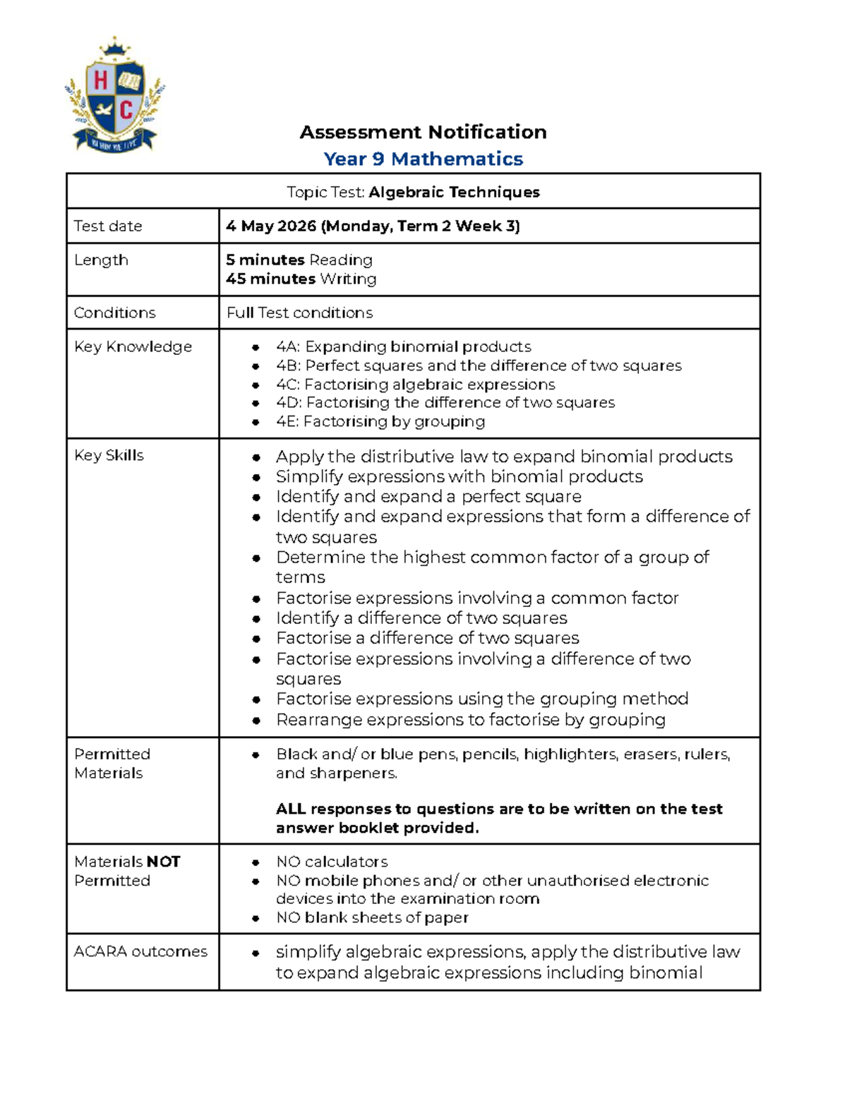 Year 9 Math Topic Test: Algebraic Techniques - Studocu