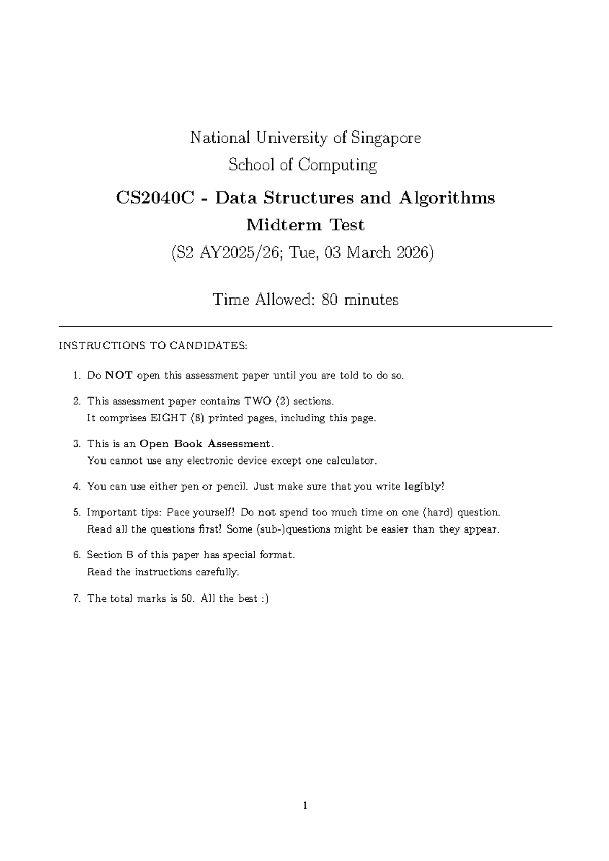 CS2040C Data Structures & Algorithms Midterm Test S2 2025-26 - Studocu