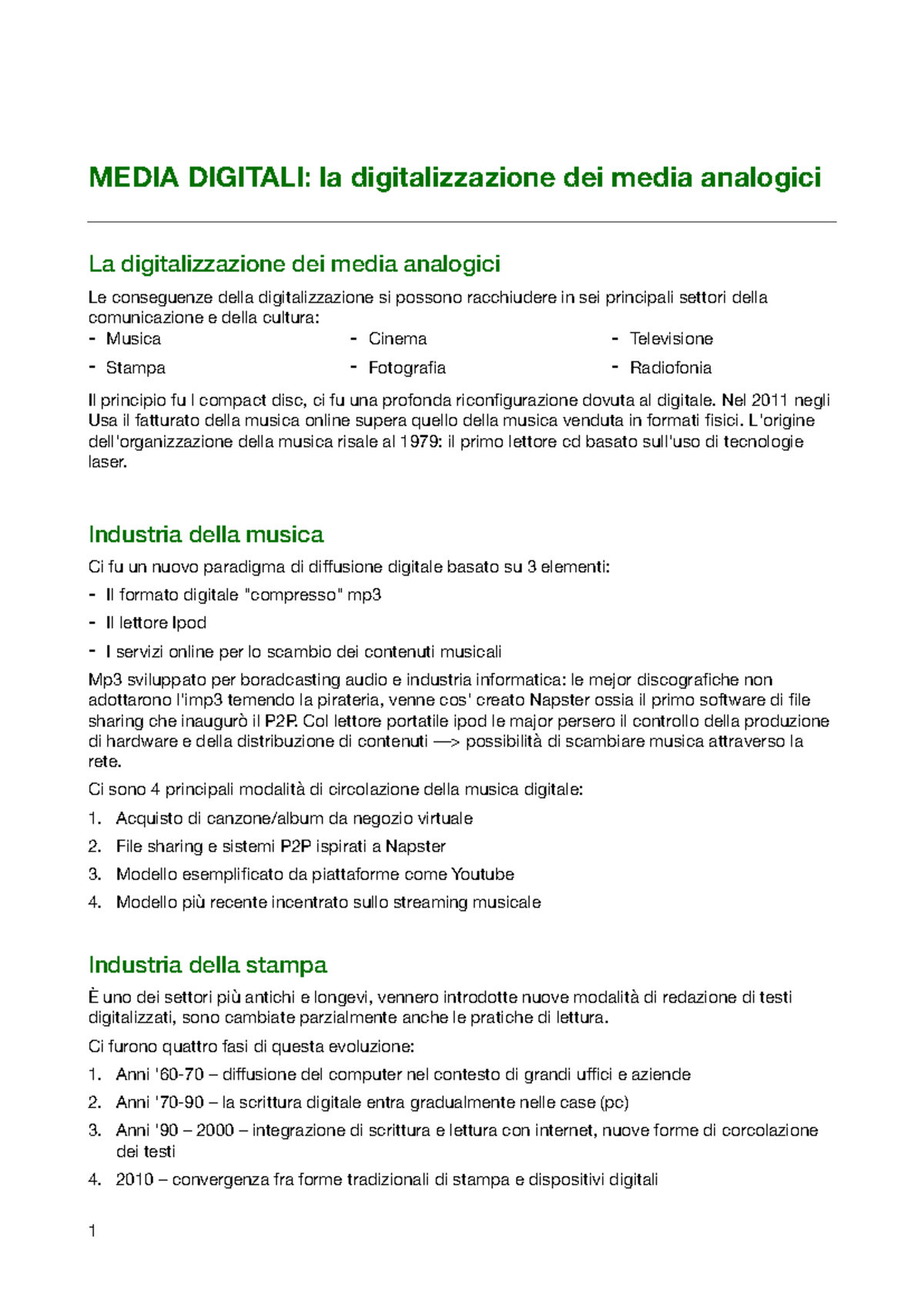 MEDIA DIGITALI: Appunti sulla Digitalizzazione dei Media (L2) - Studocu