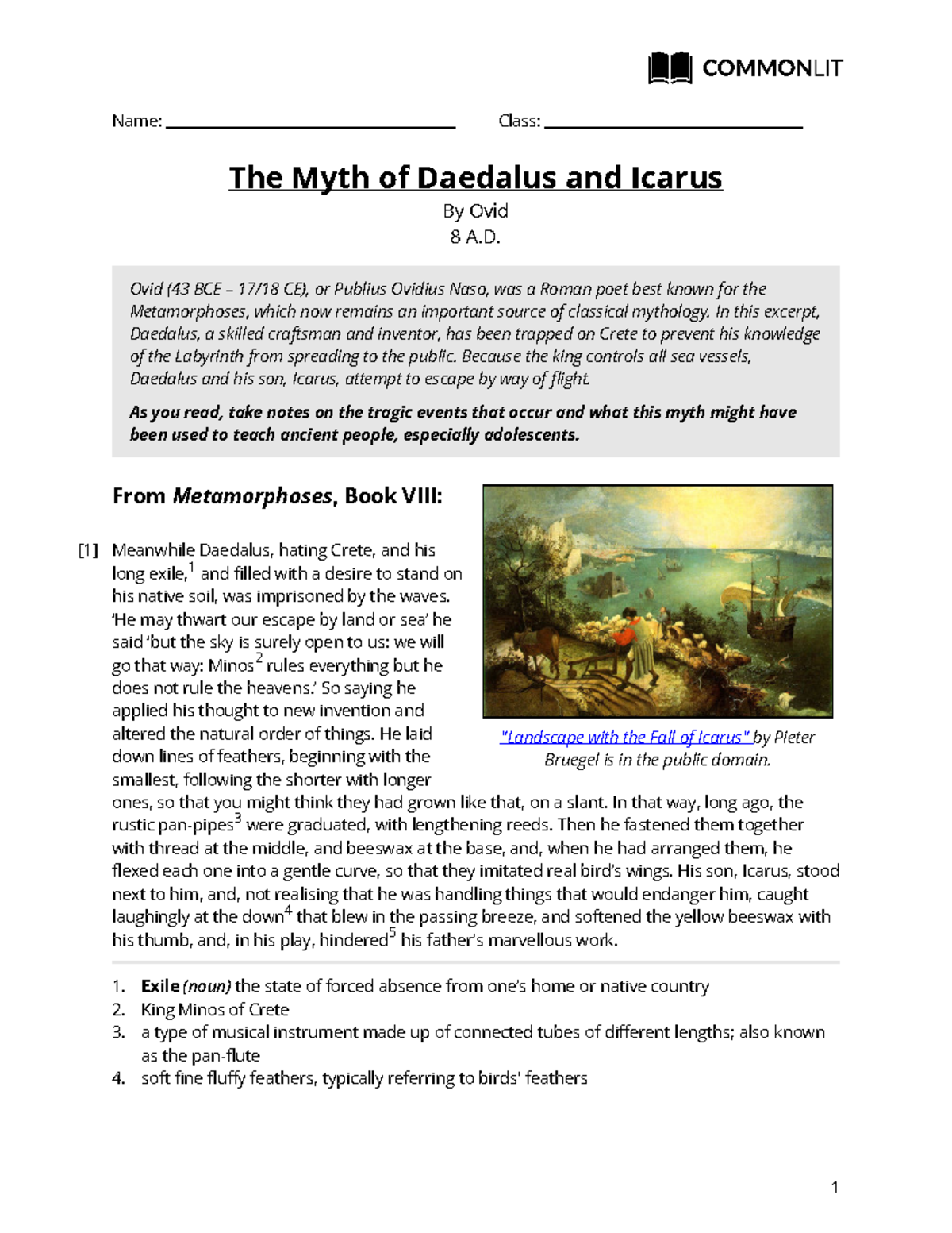 Common Lit - Tragic Lessons From The Myth of Daedalus & Icarus - Studocu