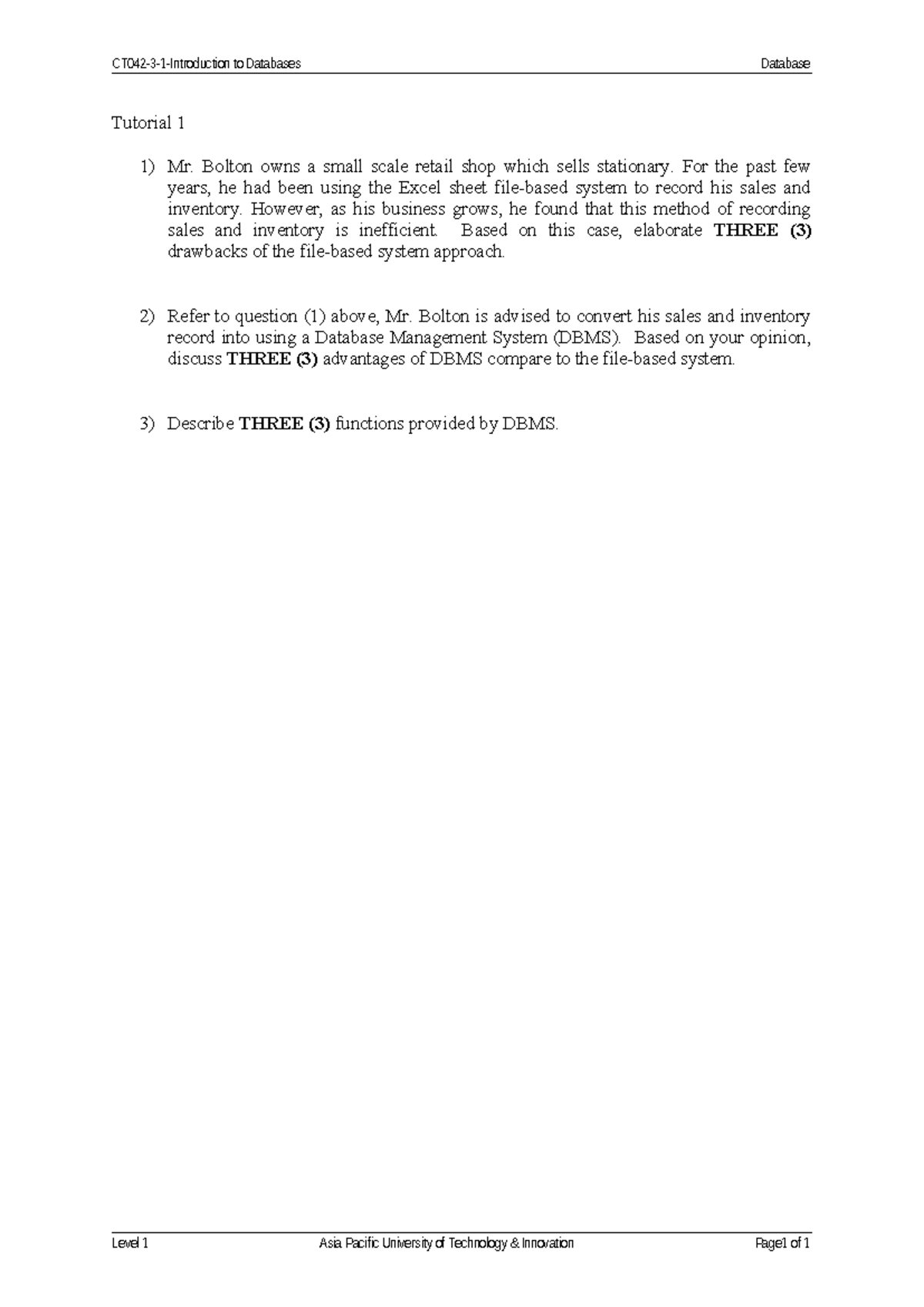 Tutorial 1 - CT042-3-1-Introduction to Databases Database Tutorial 1 1 ...