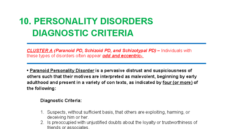 PSY 110: Diagnostic Criteria for Personality Disorders - Cluster A, B ...