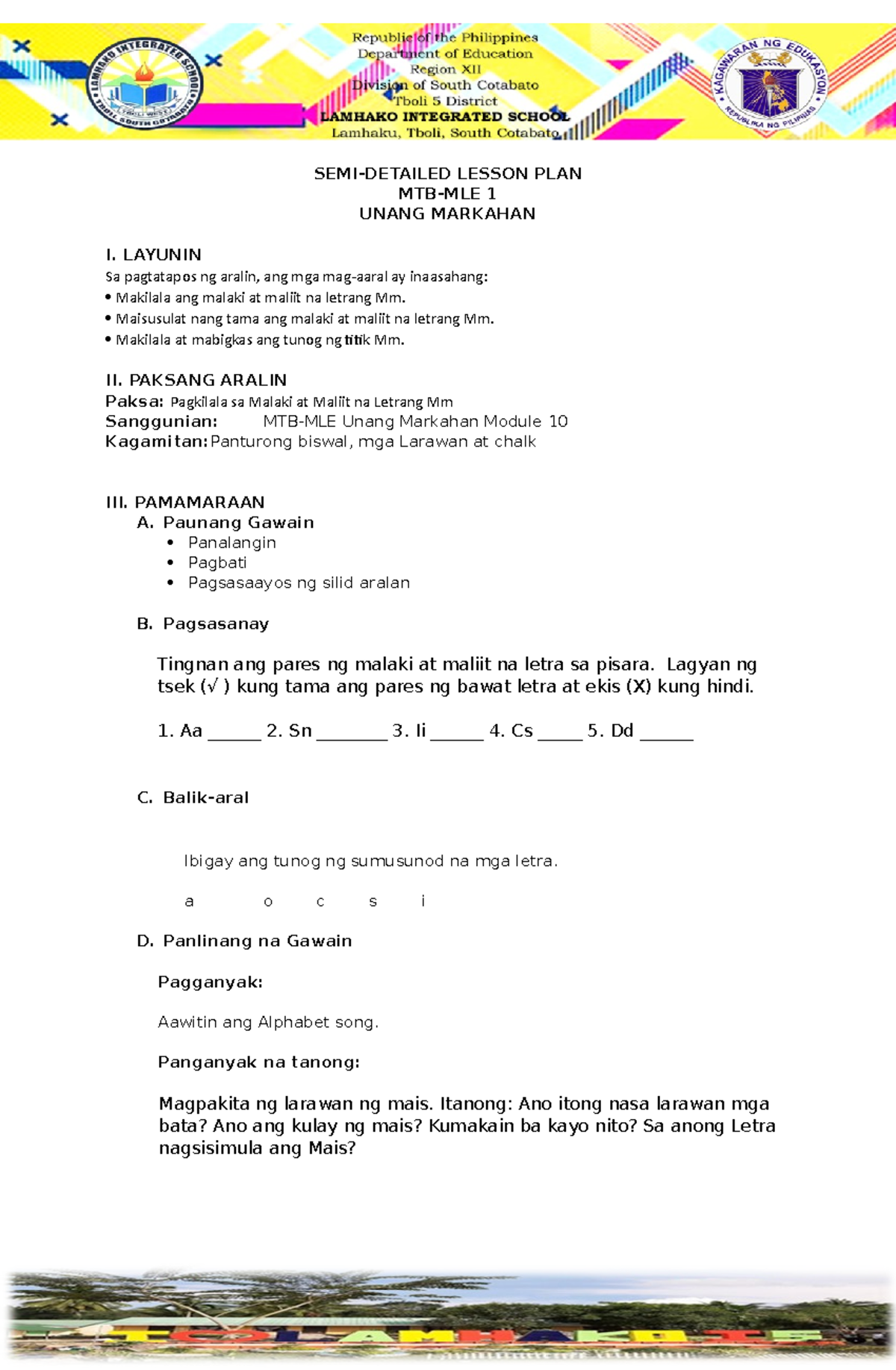SEMI-DETAILED LESSON PLAN: MTB-MLE 1 on Letrang Mm - Studocu