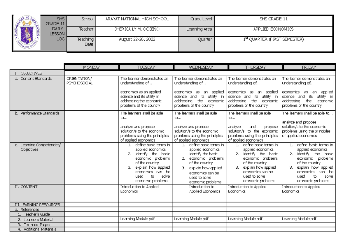 DLL- Applied Economics-WEEK 1 - SHS GRADE 11 DAILY LESSON LOG School ARAYAT NATIONAL HIGH SCHOOL ...