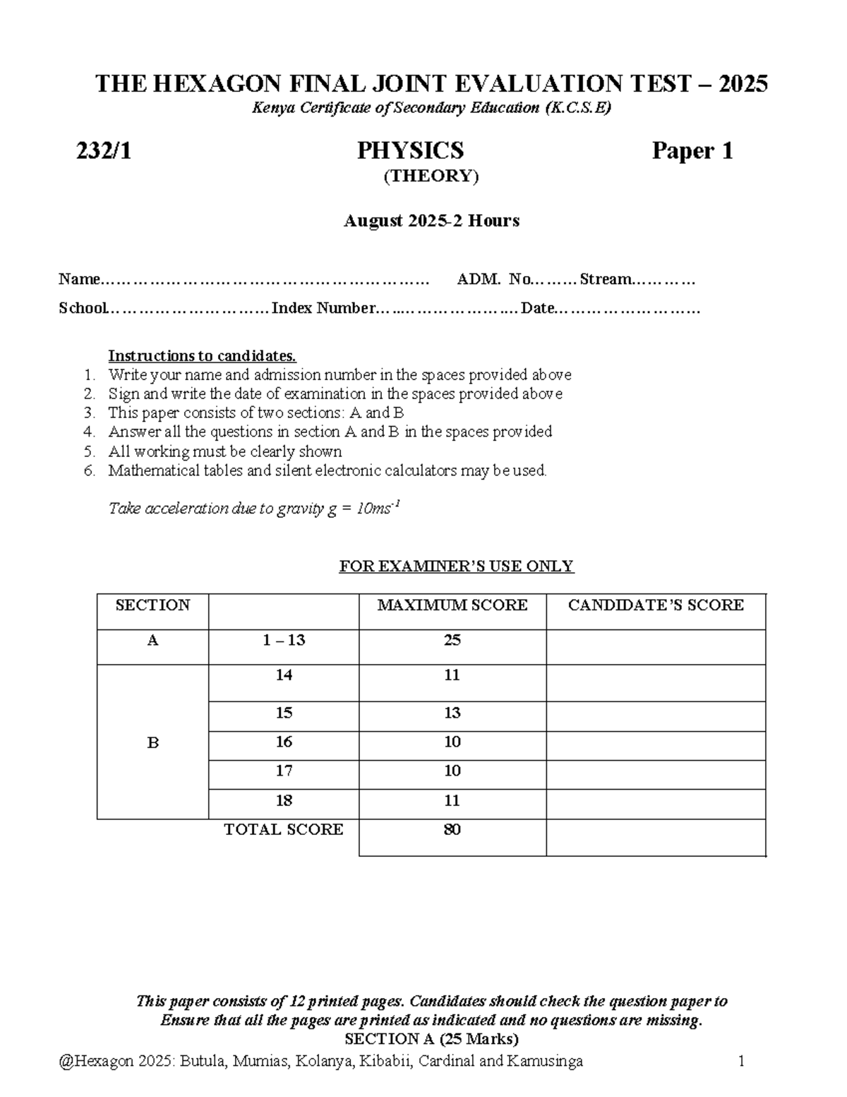 K.C.S.E PHYSICS 2025 Final Joint Evaluation Test Paper 1 Questions ...