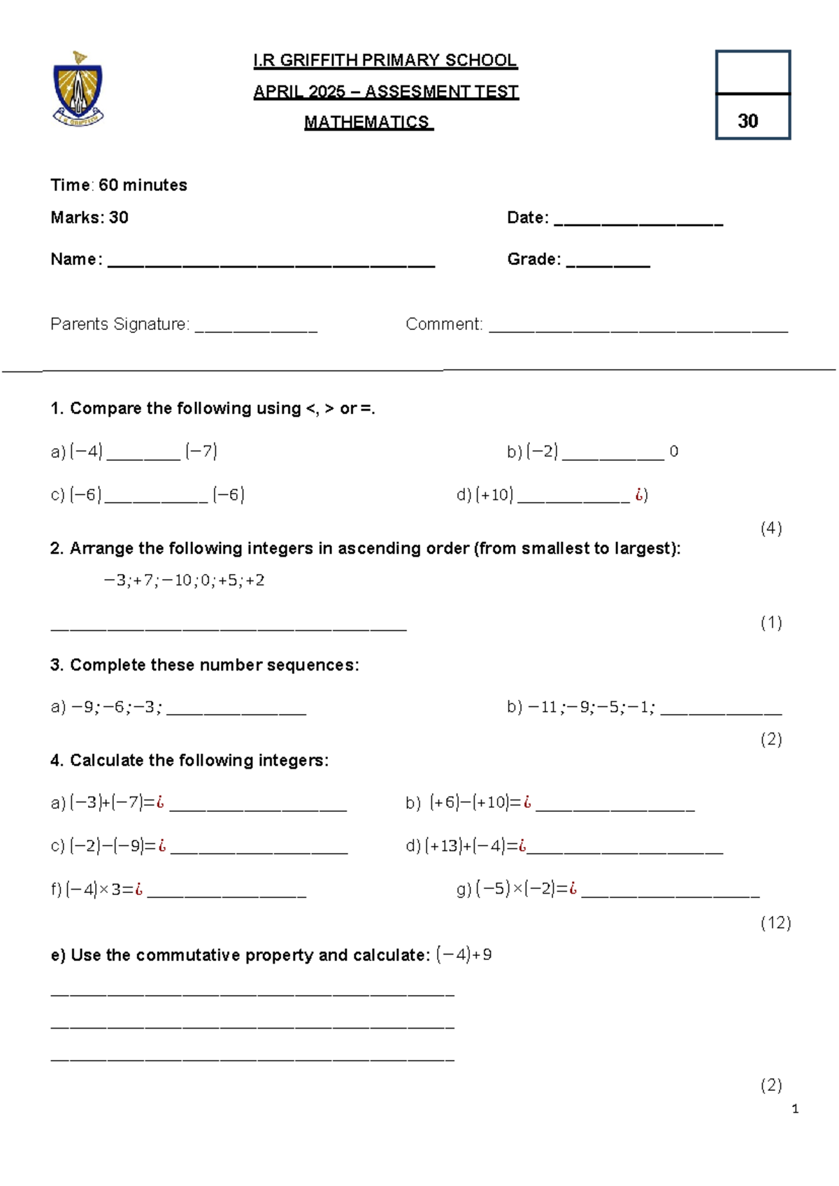 I.R GRIFFITH PRIMARY SCHOOL APRIL 2025 MATH ASSESSMENT TEST - Studocu