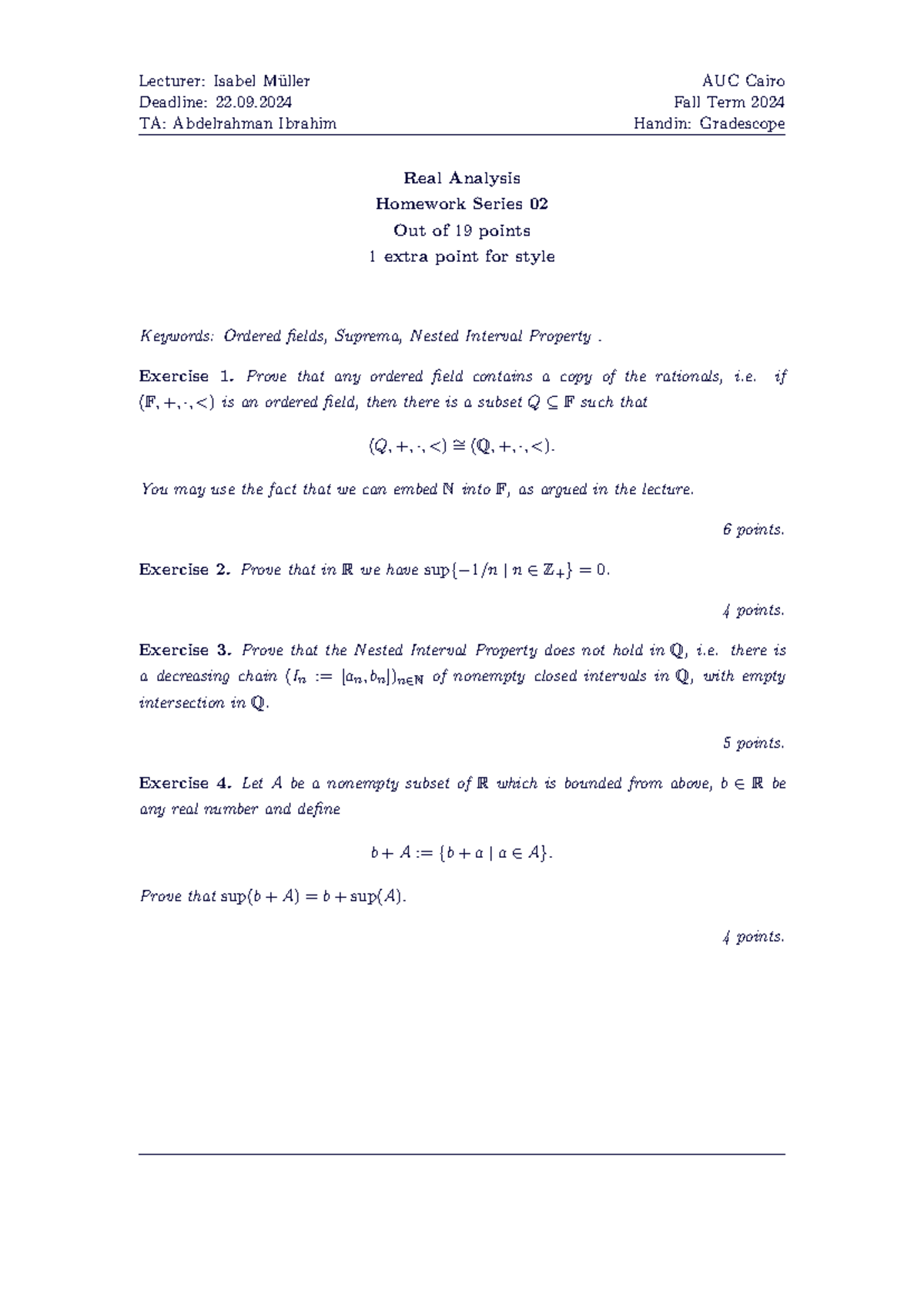 Real Analysis HW 02: Ordered Fields & Suprema Concepts - Studocu