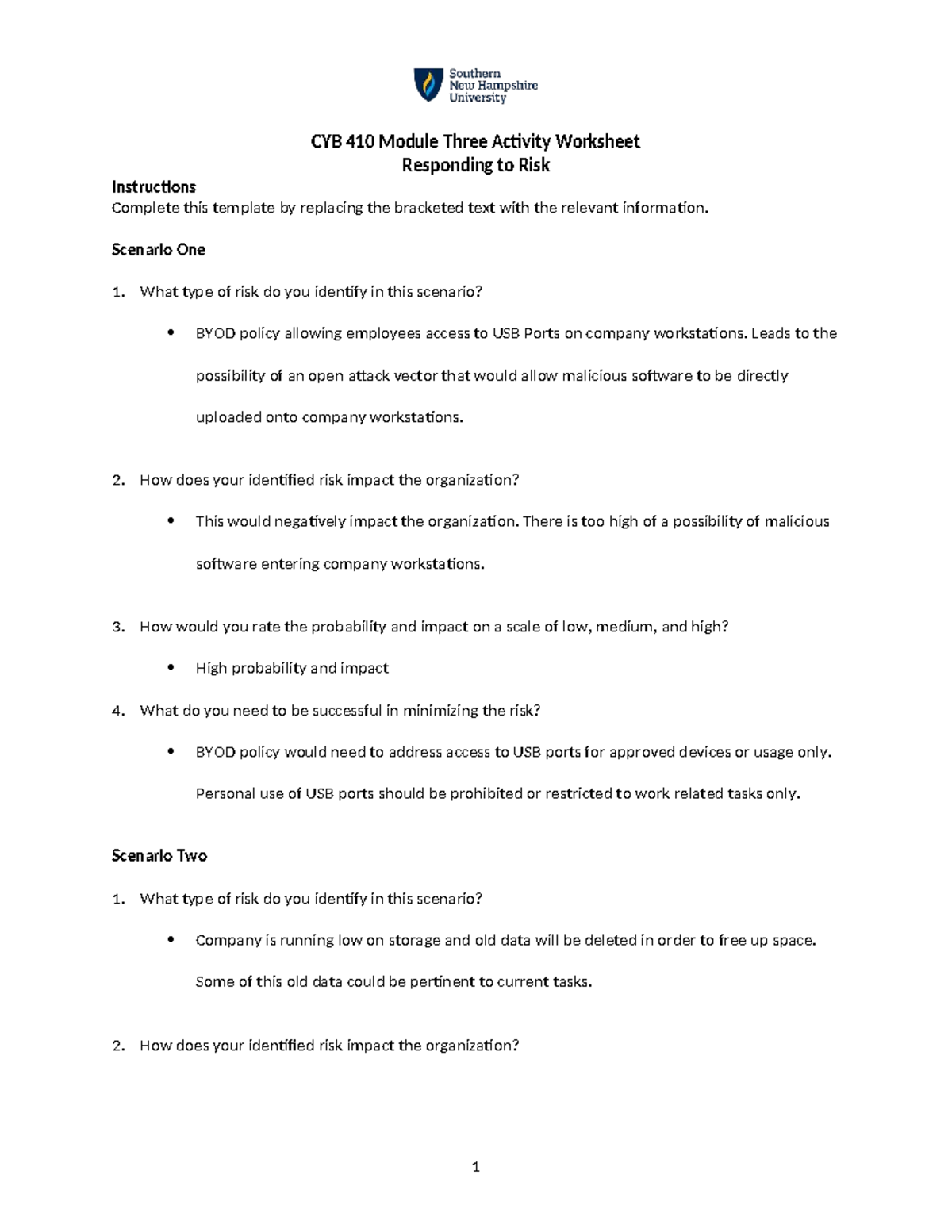 CYB 410 Module 3 Risk Assessment Activity Worksheet - Studocu