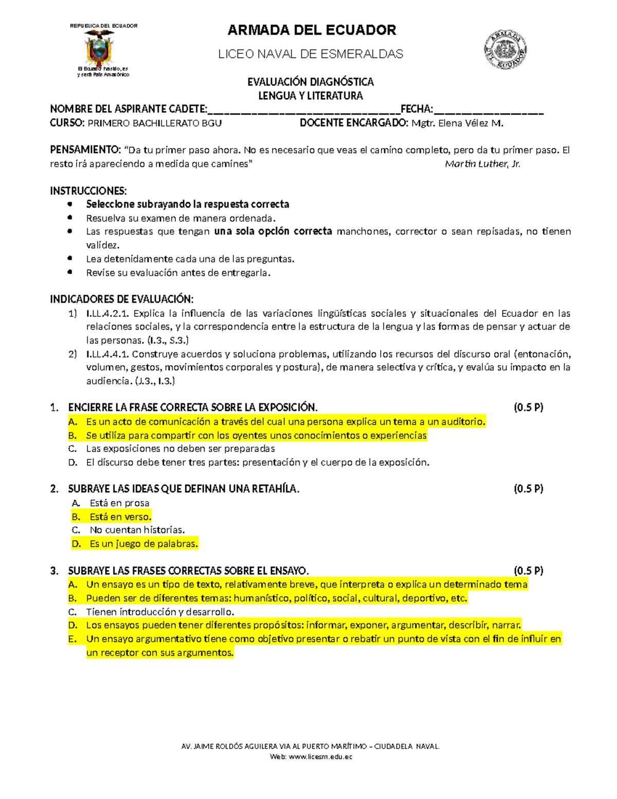 Evaluación Diagnóstica Lengua y Literatura - 1RO BACH BGU - Studocu