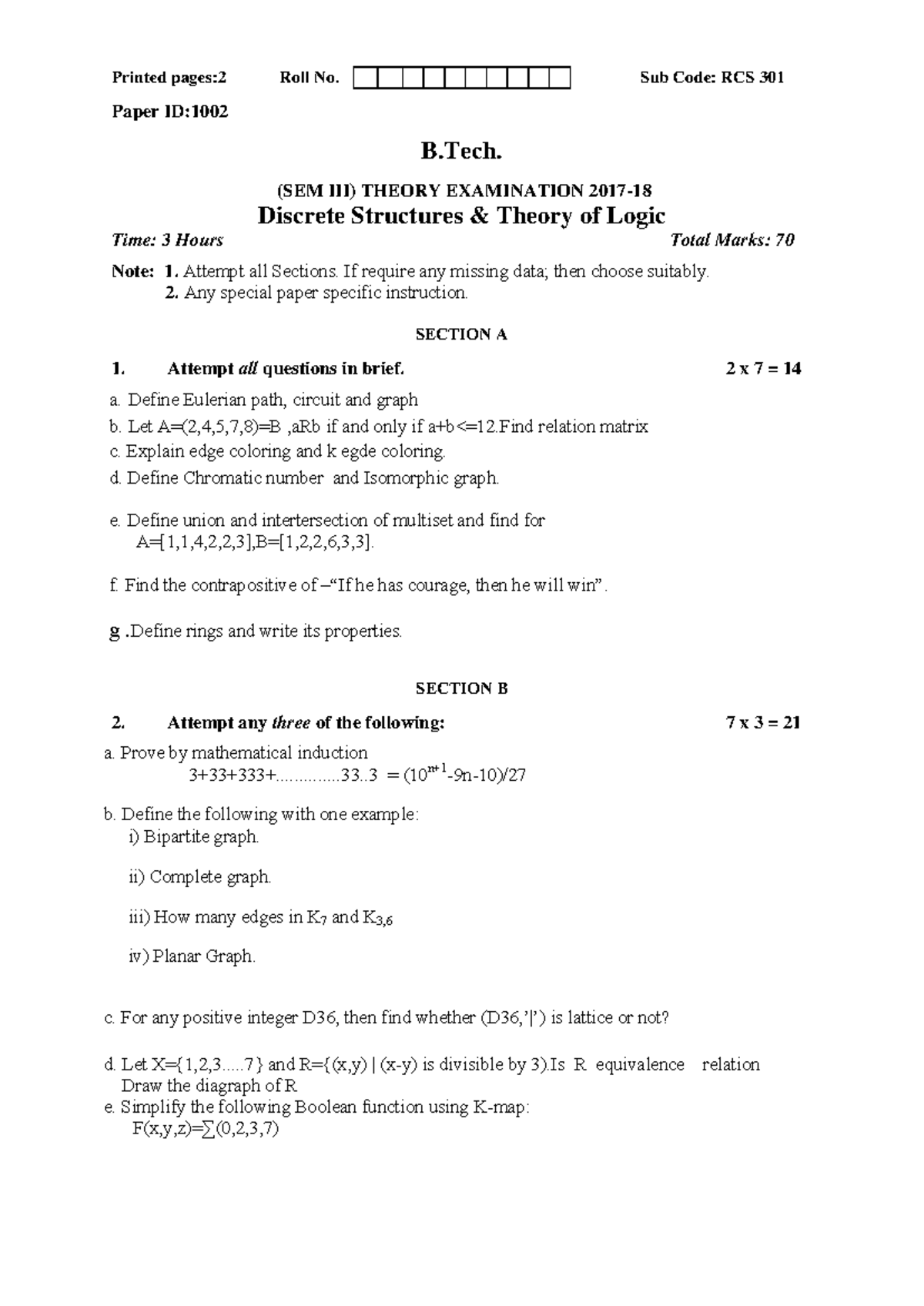 Discrete Structures Theory of Logic RCS 301 - Printed pages:2 Roll No ...
