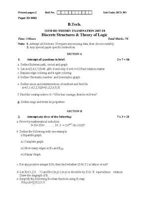 Discrete Structure Theory OF Logic KCS 303 2021 - AKTU_QP20E290QP | 19 ...