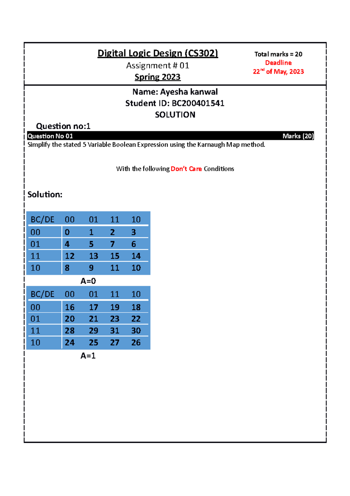 Spring 2023 CS302 1 BC2004 01541 - Digital Logic Design (CS302 ...