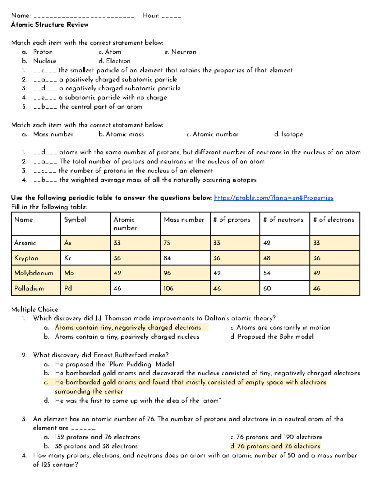 Atomic Structure Review and Practice Exam - Answer Key (Chem 101) - Studocu