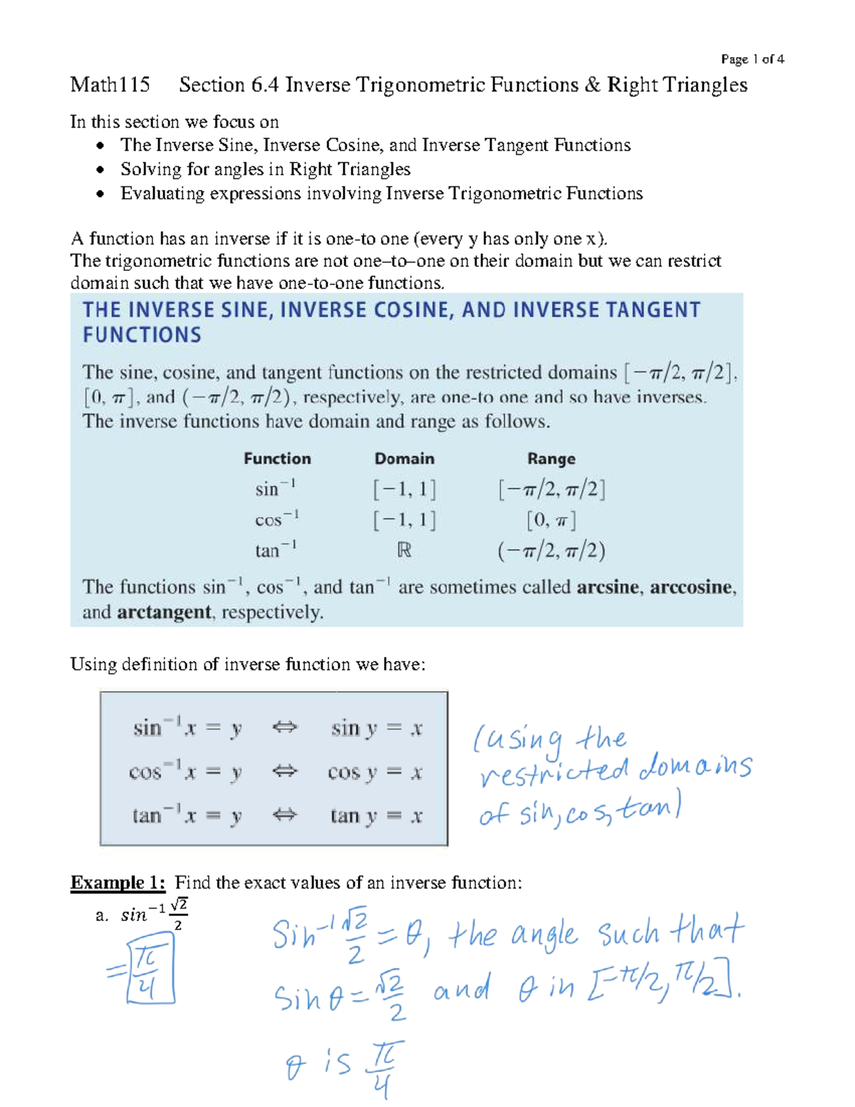 Math115 Final Exam: Inverse Trigonometric Functions & Right Triangles ...