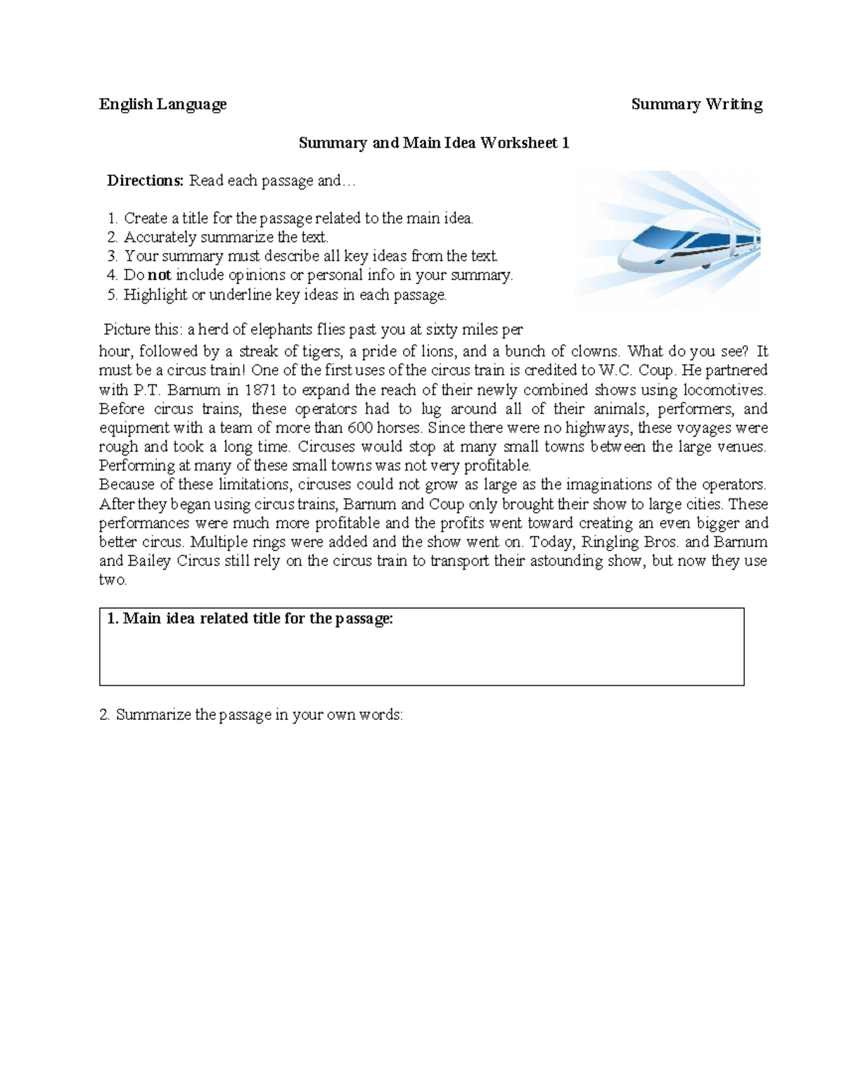 English Language Summary Writing: Main Ideas & Key Points Worksheet ...