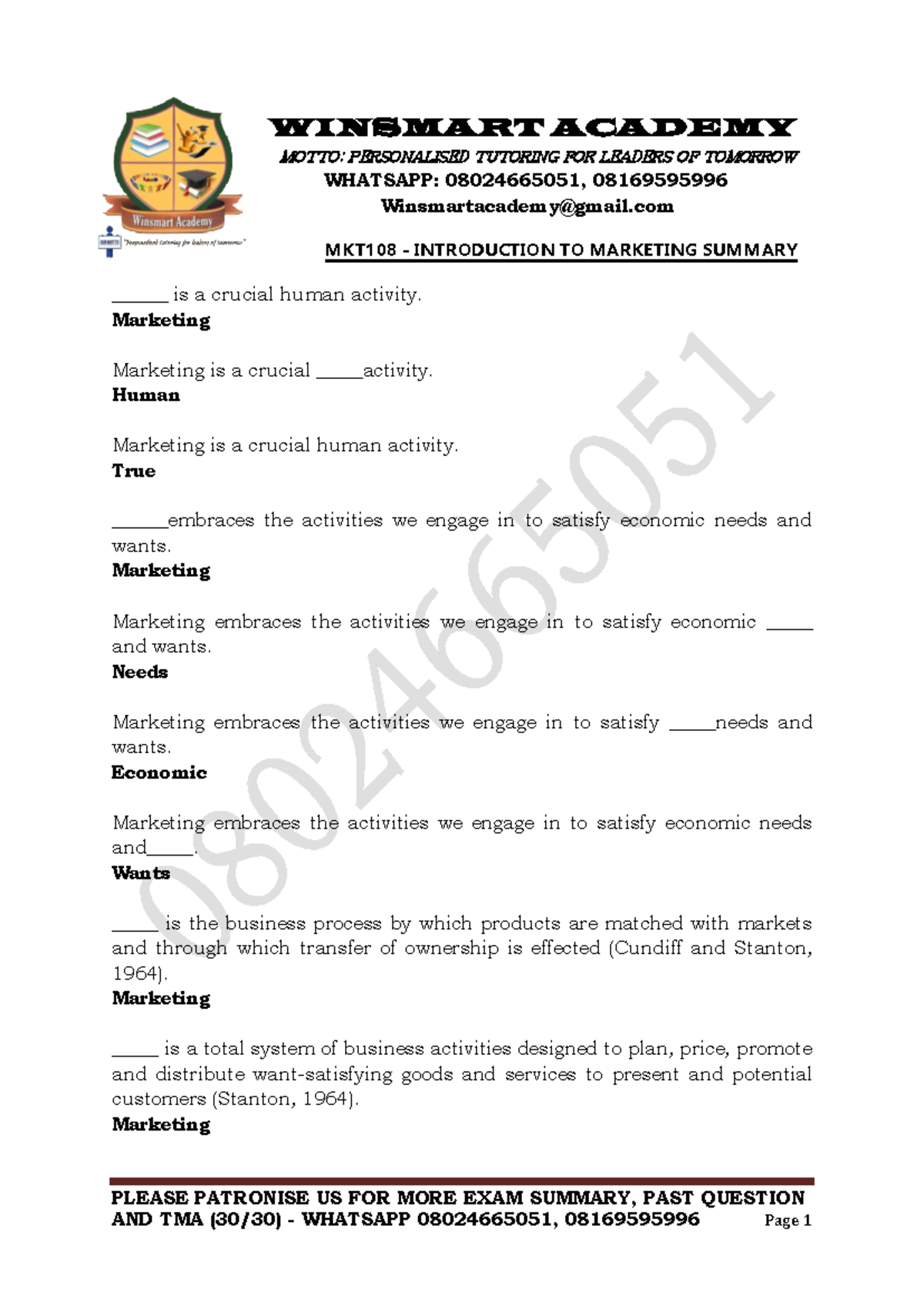 MKT108 Introduction to Marketing Exam Summary Notes - Studocu