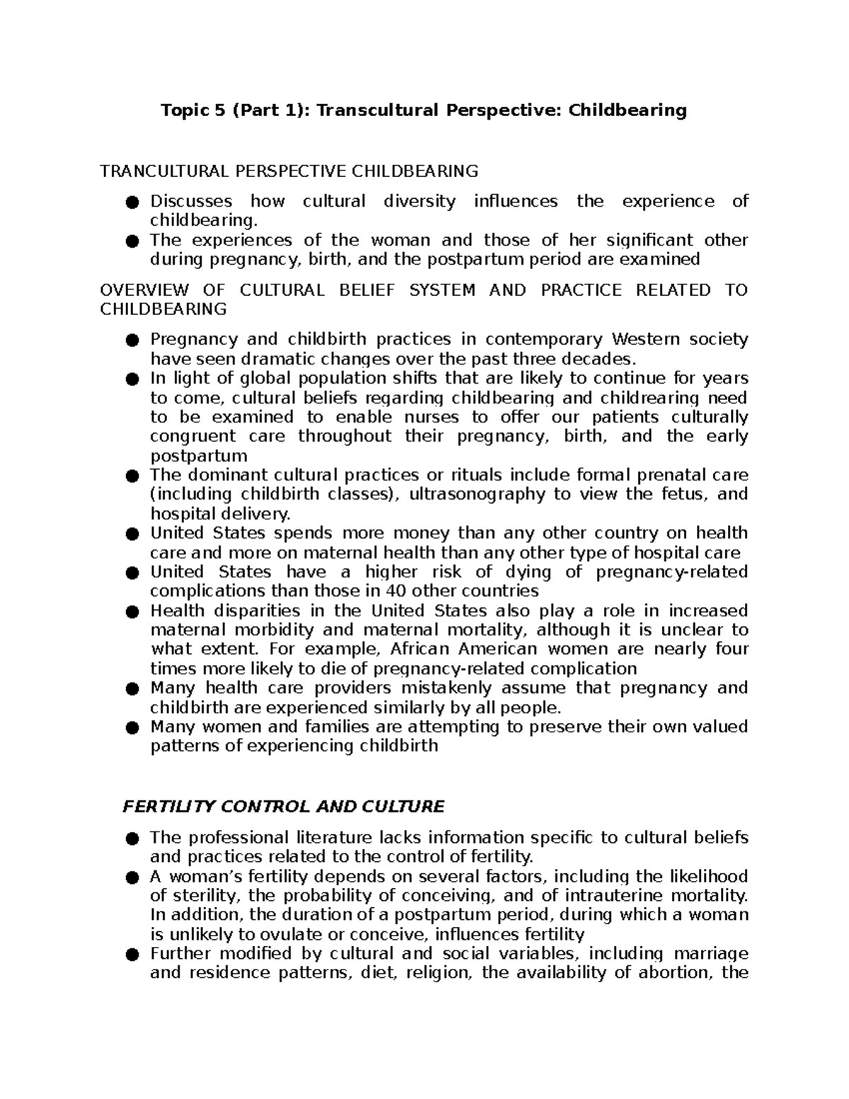 Topic 5 (Part 1): Transcultural Perspectives on Childbearing and ...