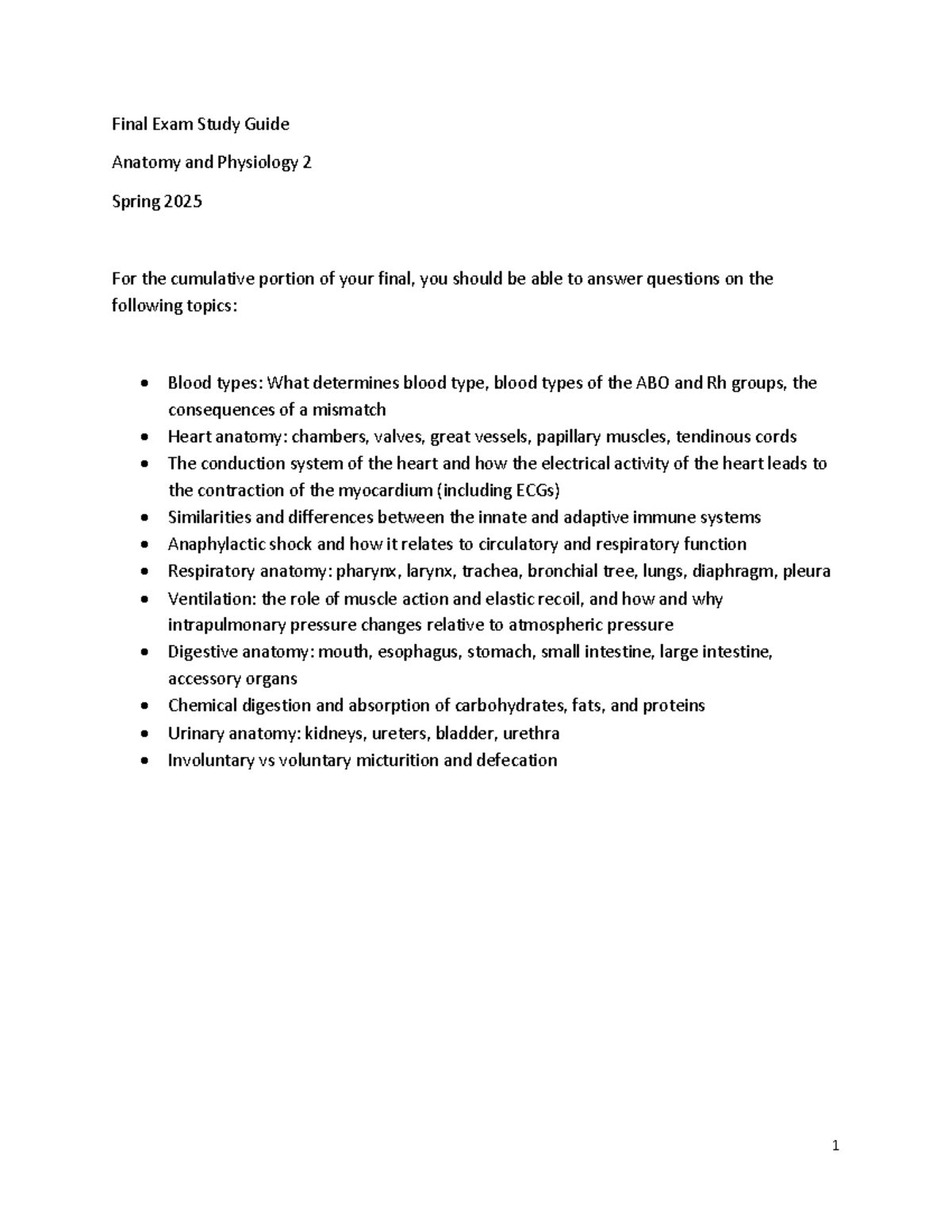 Final Exam Study Guide: Anatomy & Physiology 2 (Spring 2025) - Studocu