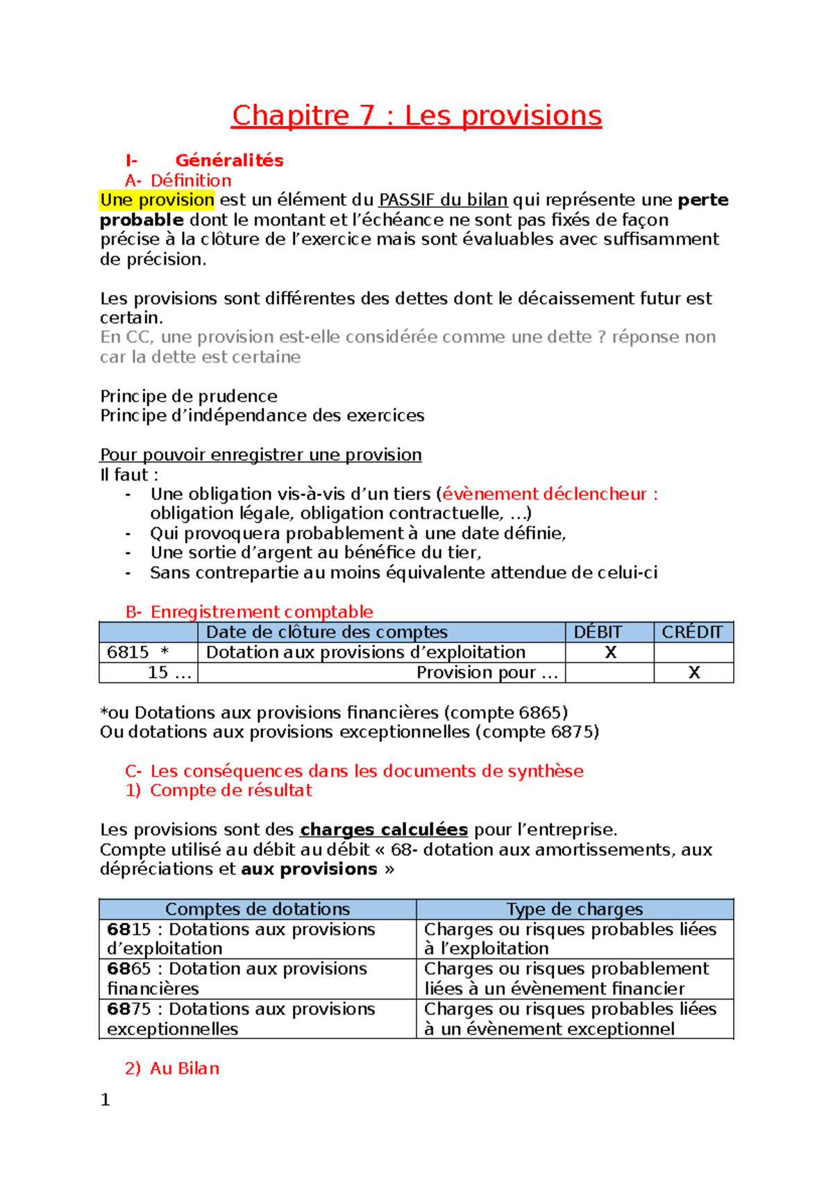 Chapitre 7 : Les Provisions en Comptabilité - Généralités et Applications - Studocu