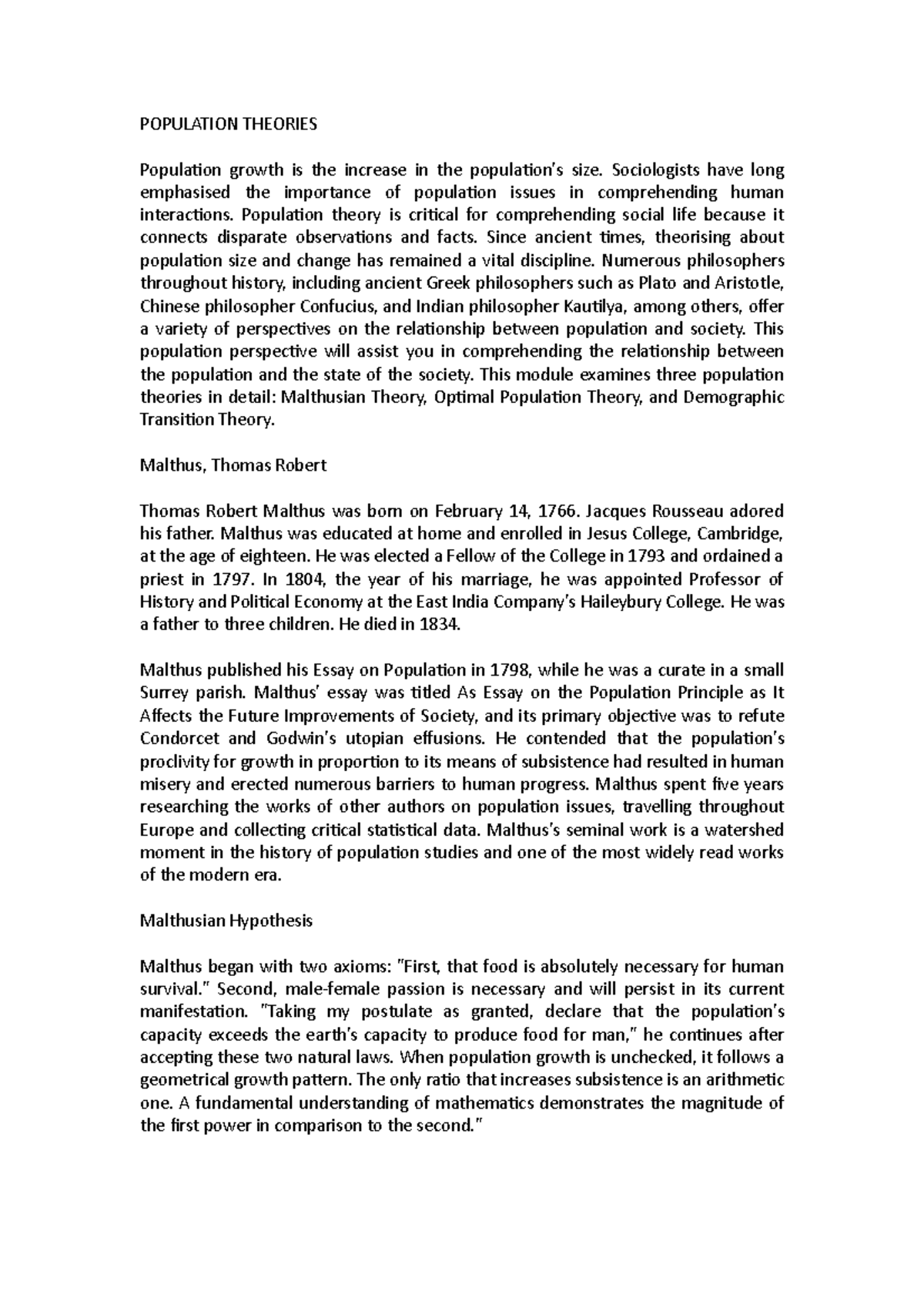 Population Theories - POP 101 Lecture Notes 9 Overview - Studocu