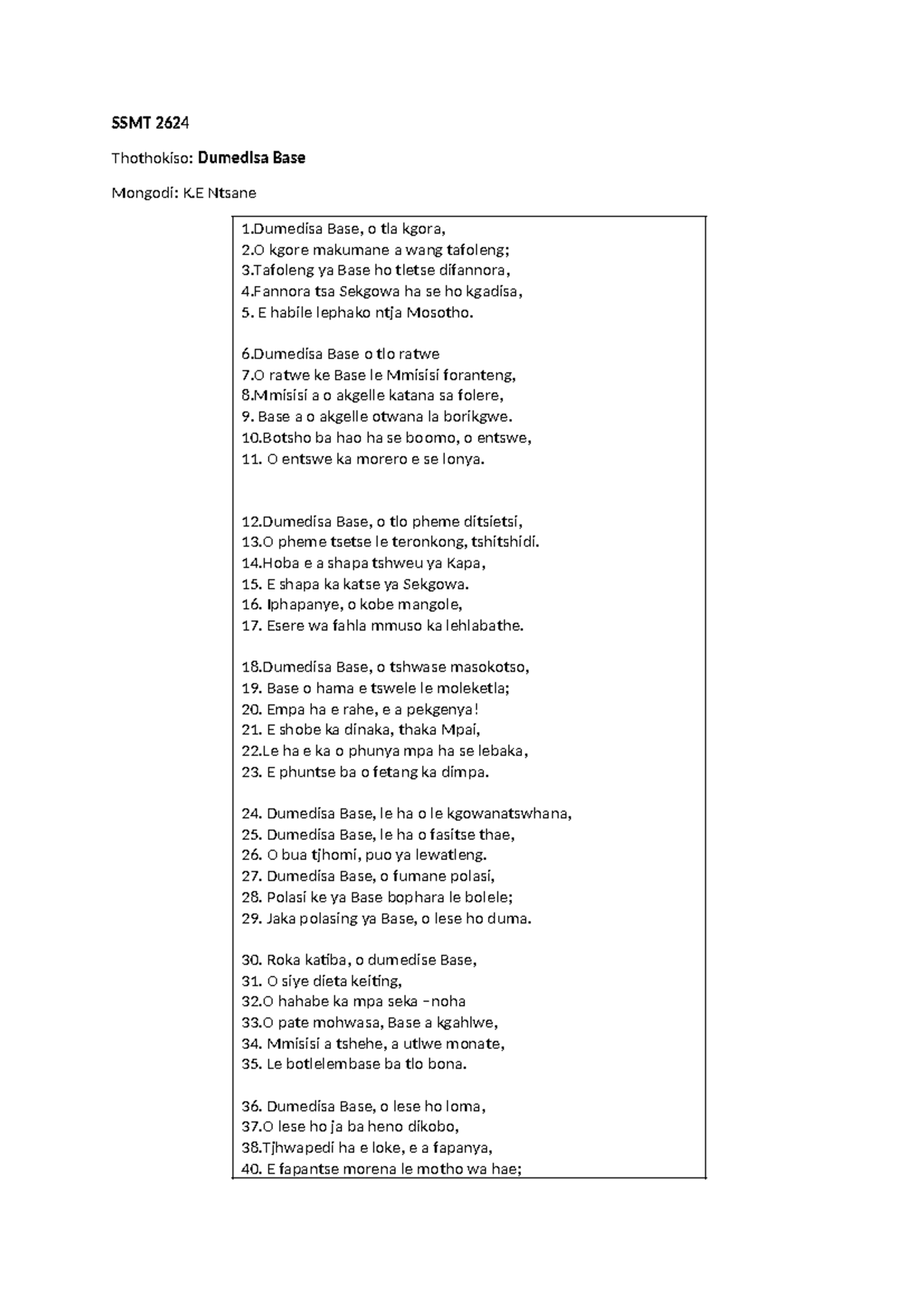 SSMT 2624 Thothokis ( Dumedisa BASE) - SSMT 2624 Thothokiso: Dumedisa Base Mongodi: K Ntsane 1 ...