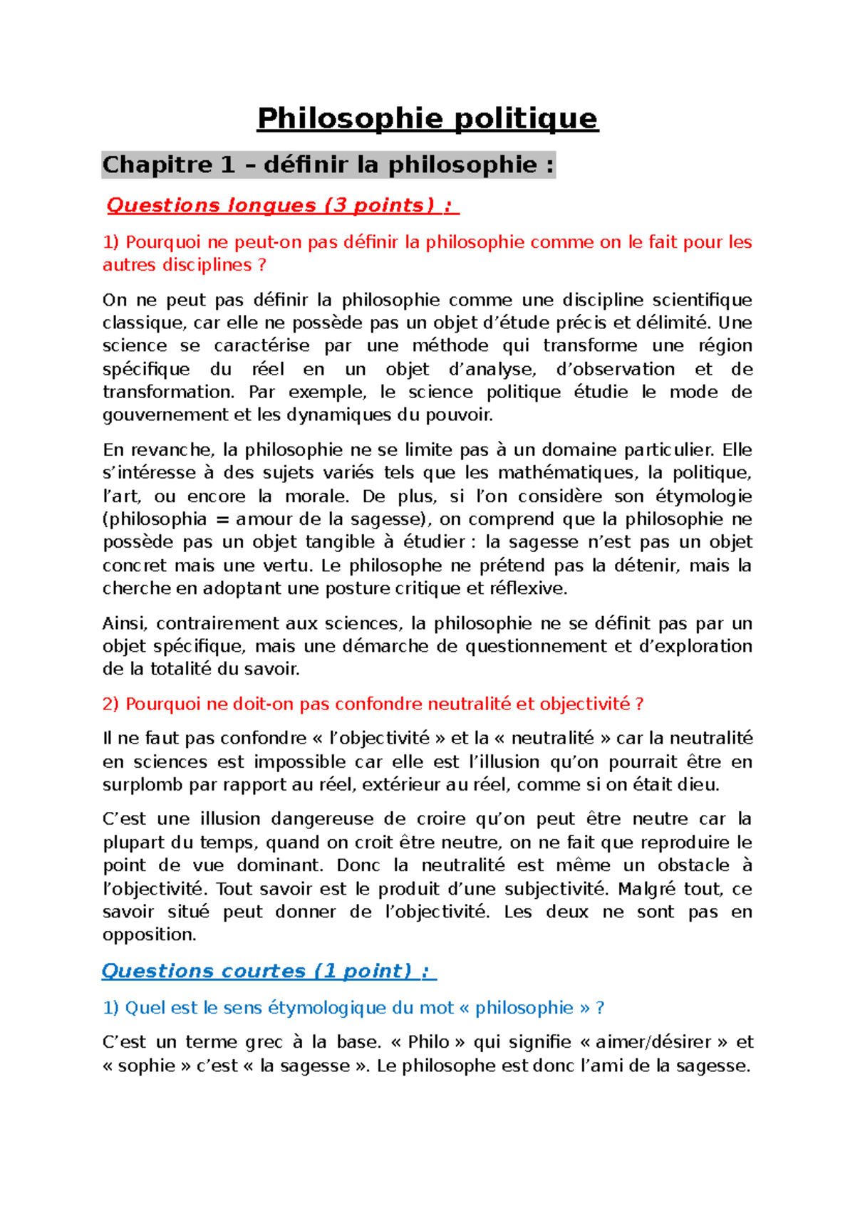 Philosophie politique - Chapitre 1 : Définition et Concepts Clés - Studocu