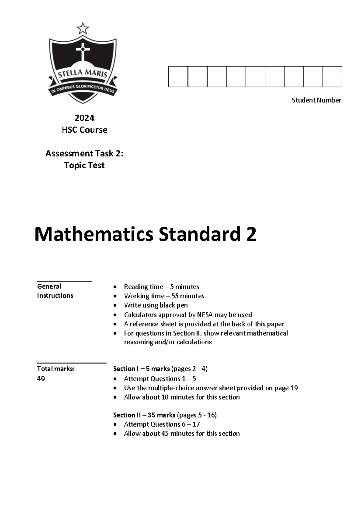 2024 HSC Mathematics Standard 2 Topic Test Task 2 Practice Paper - Studocu