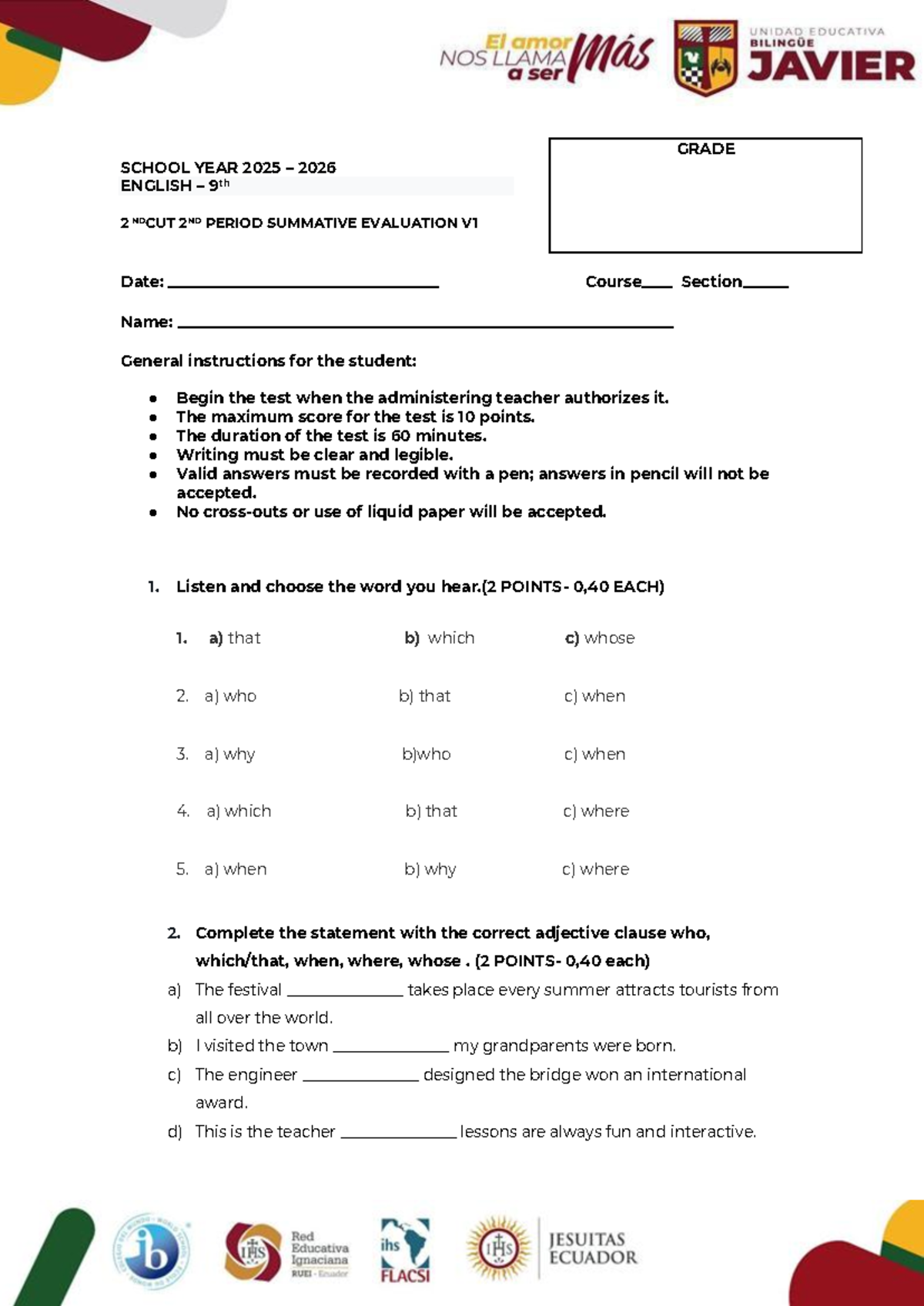 GRADE 9 ENGLISH 2ND PERIOD SUMMATIVE EVAL 2025-2026 - Studocu